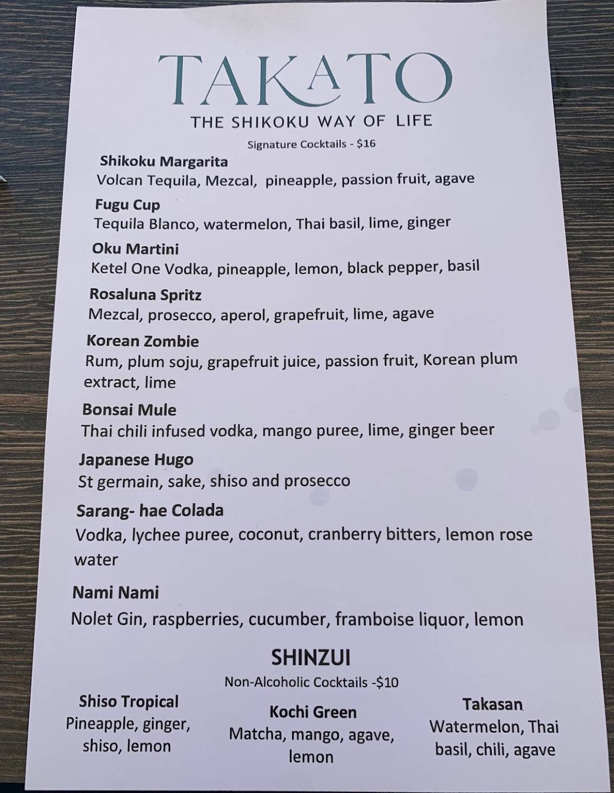 Menu at TAKATO restaurant, Fort Lauderdale