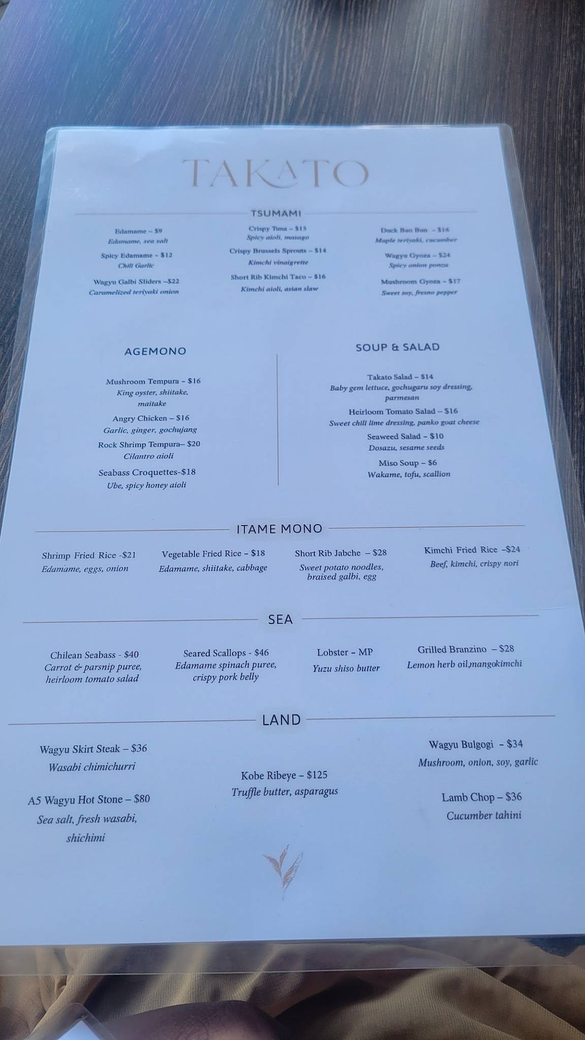 Menu at TAKATO restaurant, Fort Lauderdale