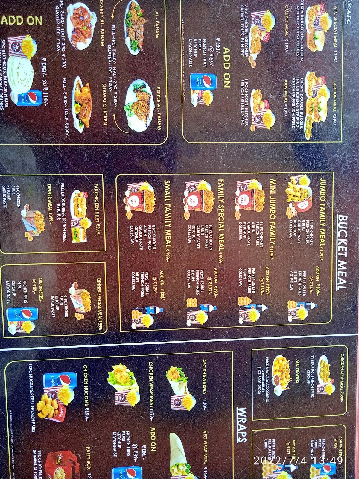 Menu at THE AFC (AMERICAN FRIED CHICKEN RESTAURANT) MUKKAM, Mukkam