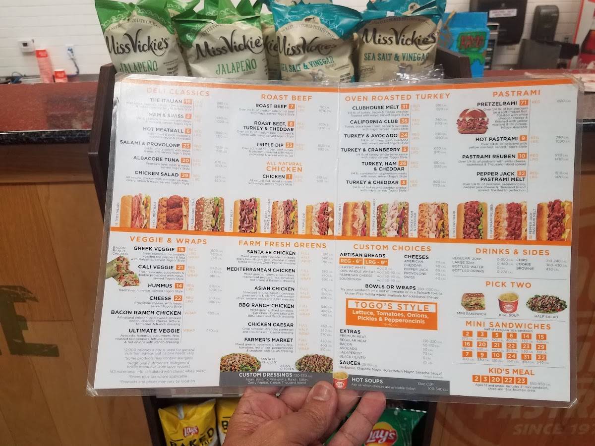 Carta de comida rápida TOGO'S Sandwiches, Yuba City