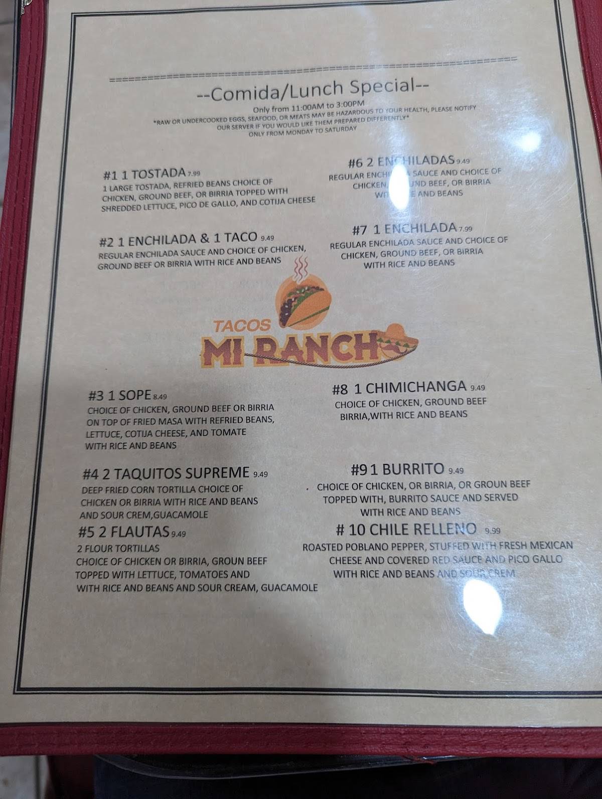 Menu at Tacos Mi Rancho restaurant, Moses Lake, S Pioneer Way