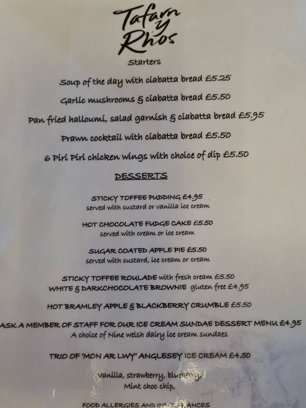 Menu at Tafarn Y Rhos pub & bar, Llangefni