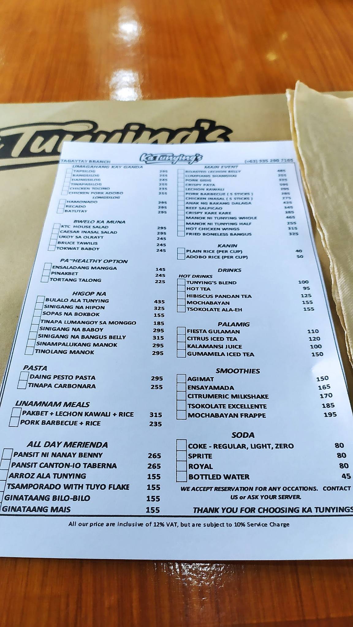 Menu at Ka Tunying's Tagaytay restaurant, Tagaytay, Unid D