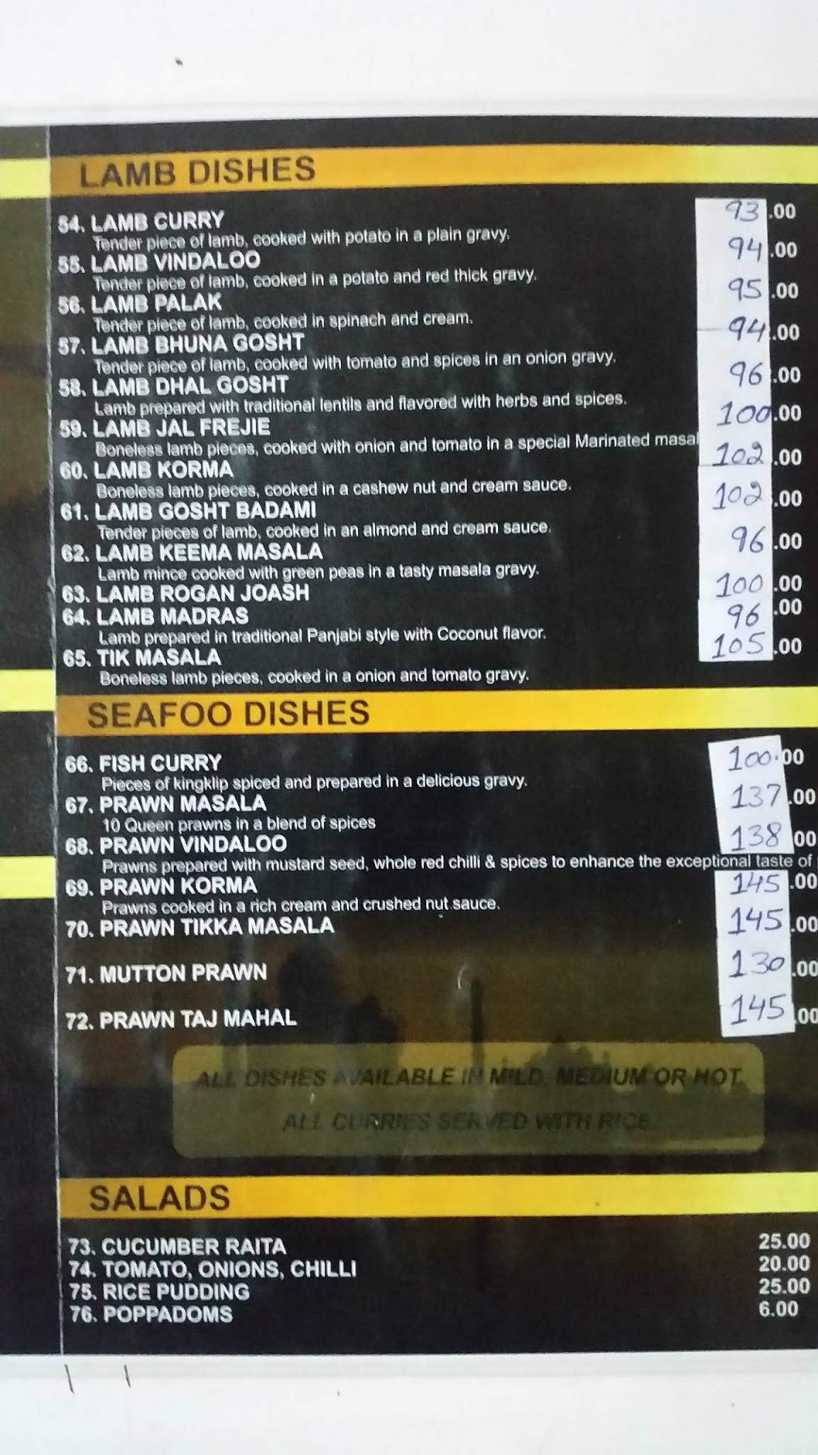 Menu at Taj Mahal restaurant, Centurion, 225 Jean Ave