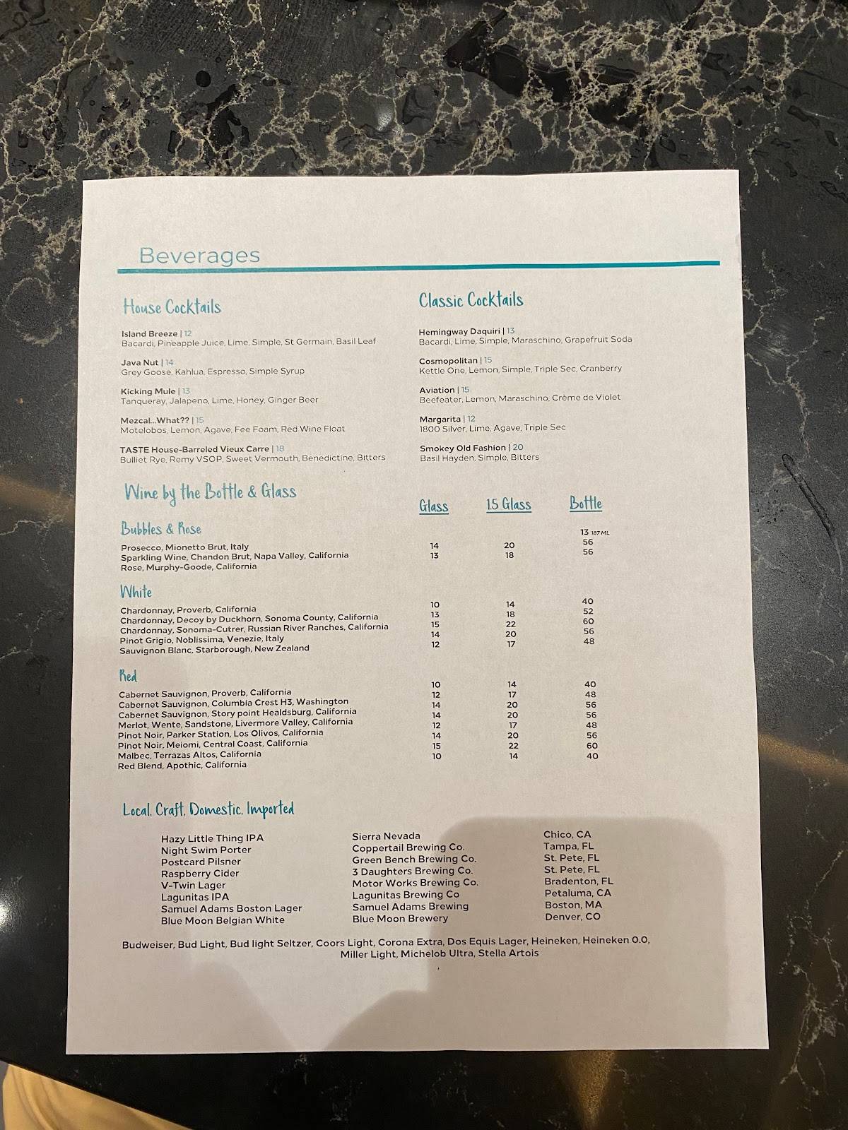 Menu at TASTE Downtown Tampa pub & bar, Tampa