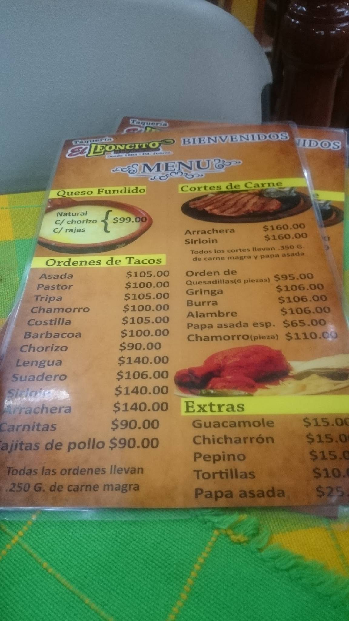 Carta del restaurante Taquería El Leoncito, Ciudad Juarez