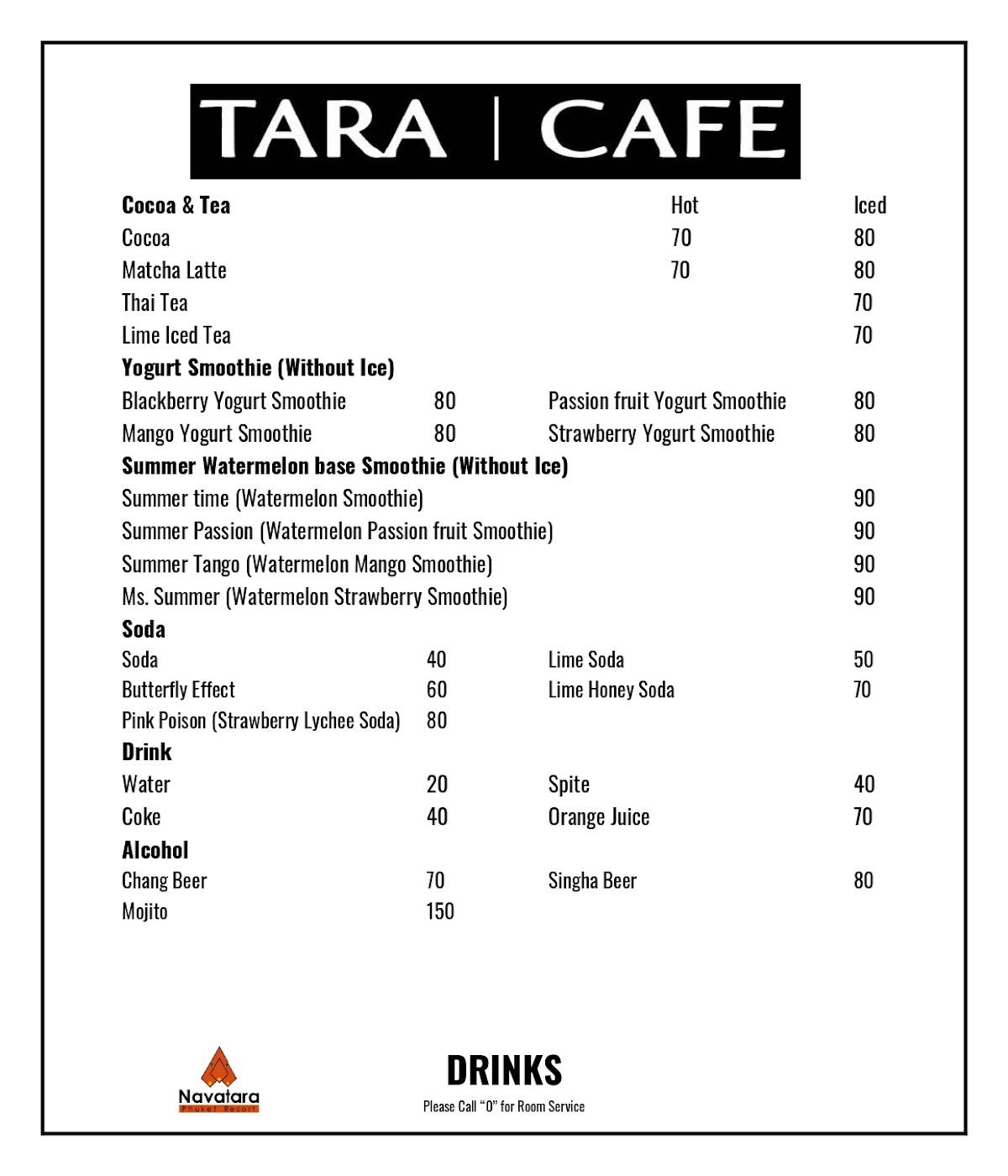 Menu at Tara Cafe, Rawai