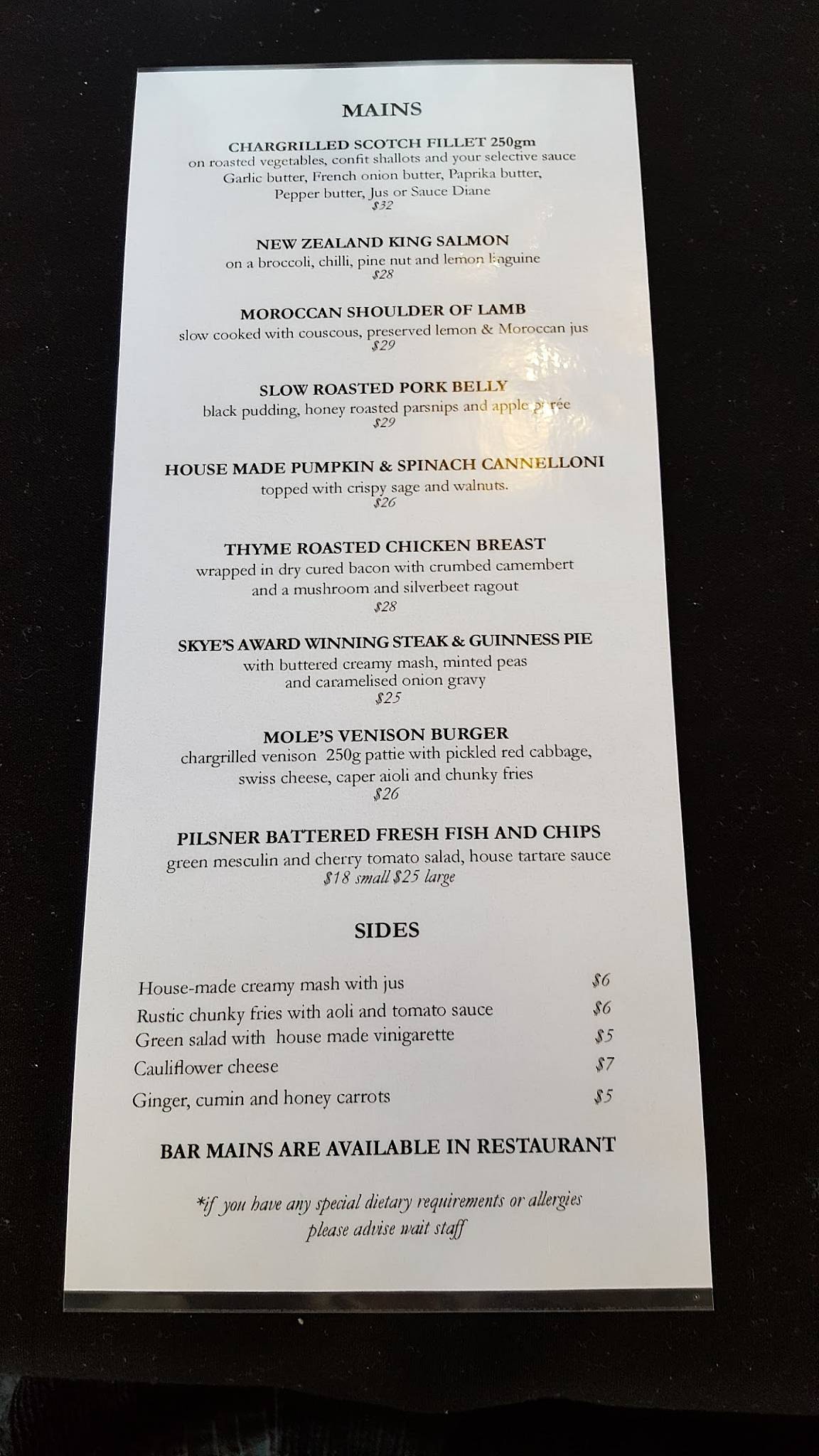 Menu at Mole & Chicken restaurant, Taupo