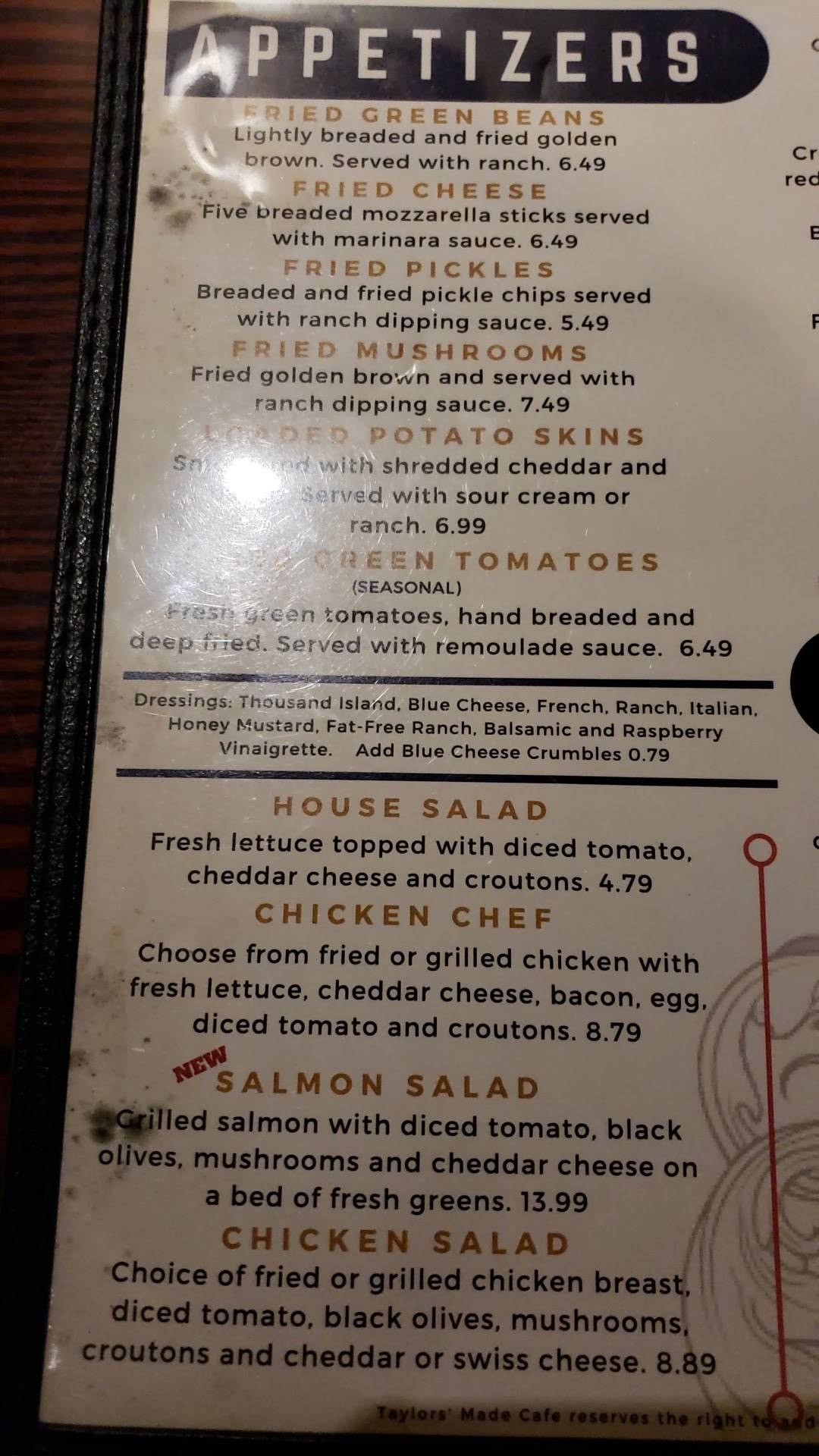 Menu at Taylor's Made cafe, Conway