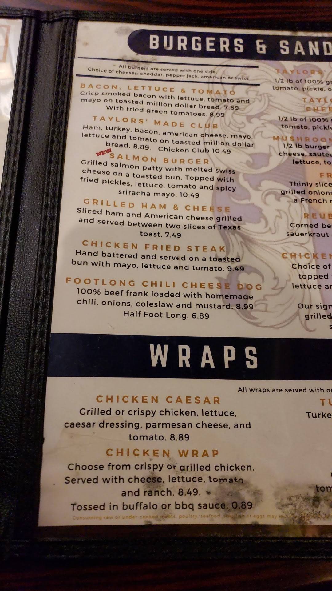 Menu at Taylor's Made cafe, Conway