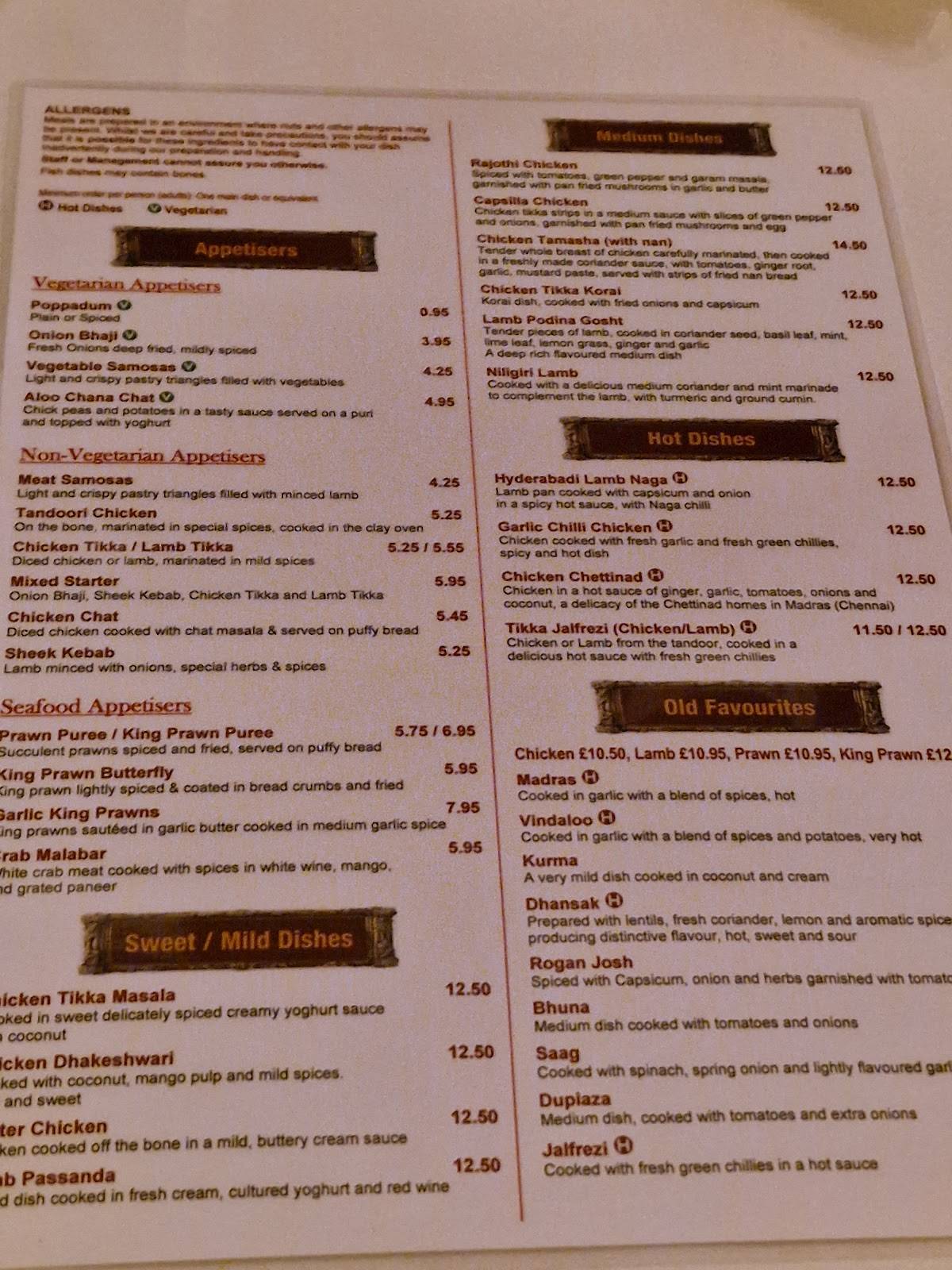 Menu at The Ancient Raj restaurant, Canterbury