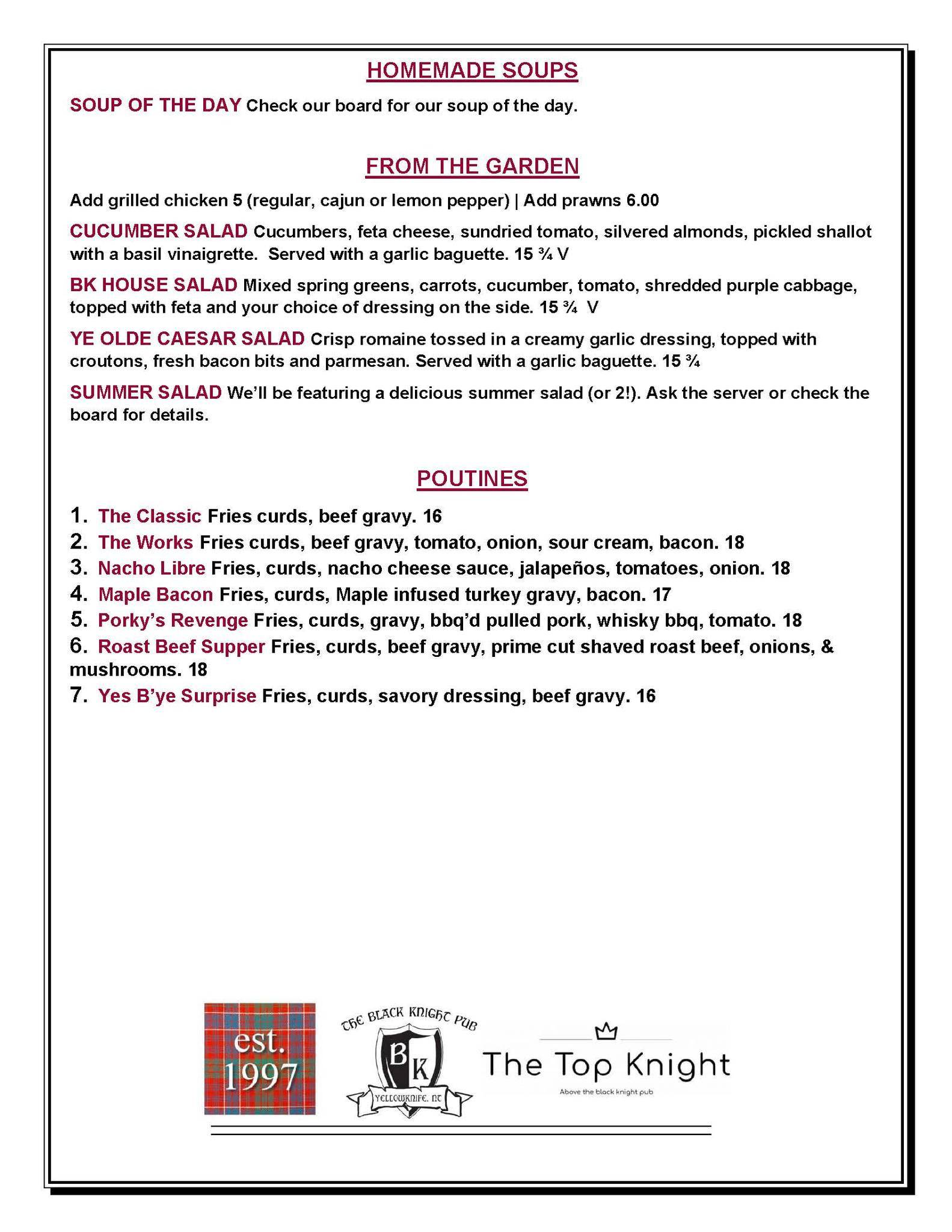 Menu at The Black Knight Pub, Yellowknife
