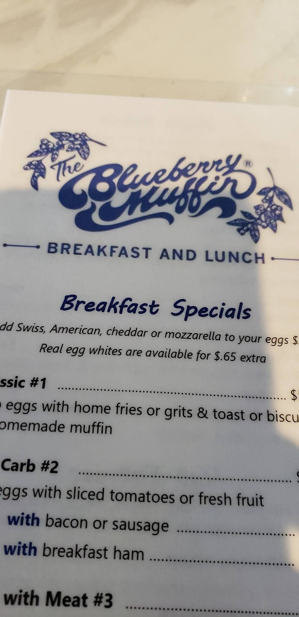 Menu at The Blueberry Muffin restaurant, Indialantic