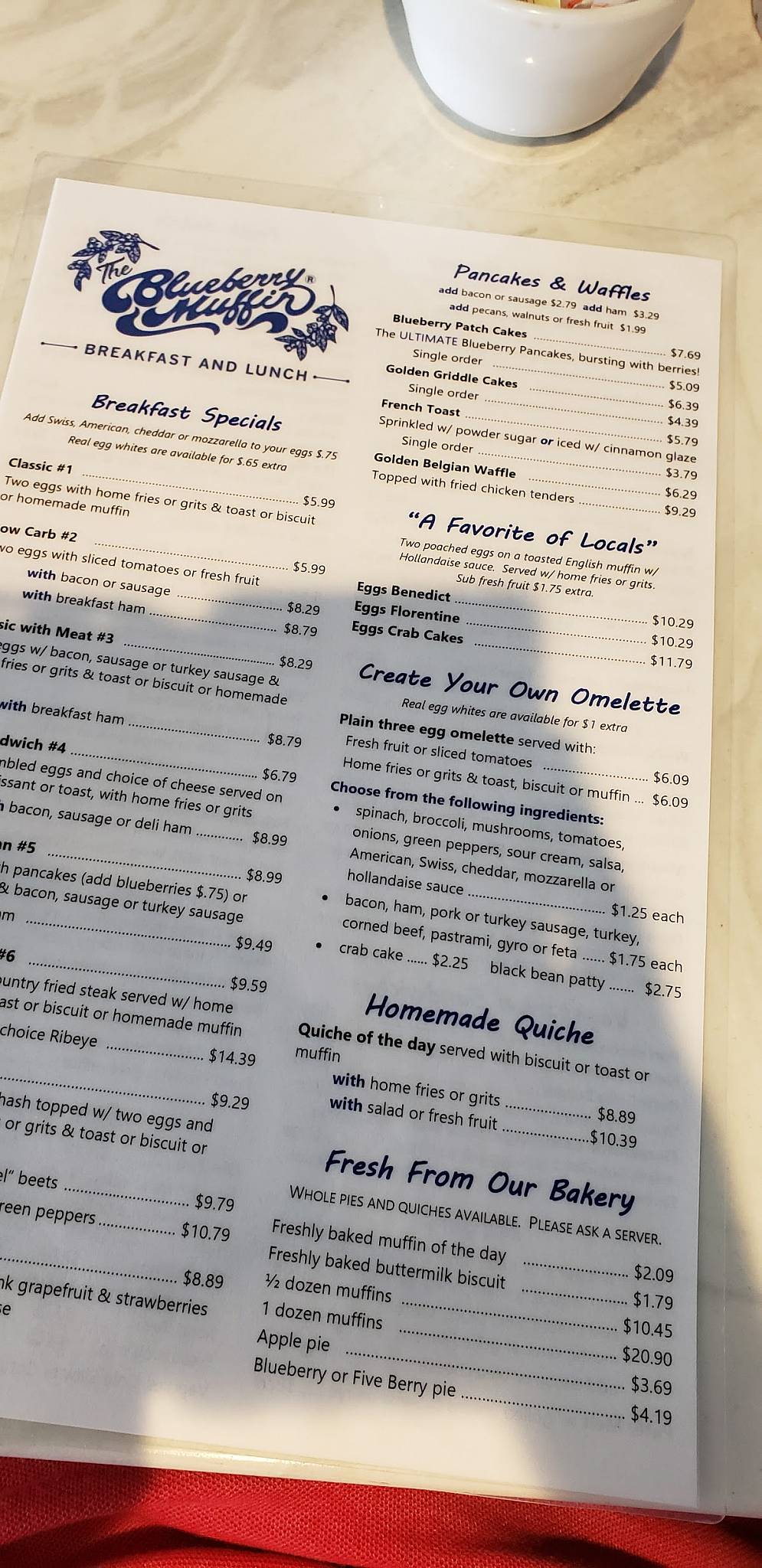 Menu at The Blueberry Muffin restaurant, Indialantic