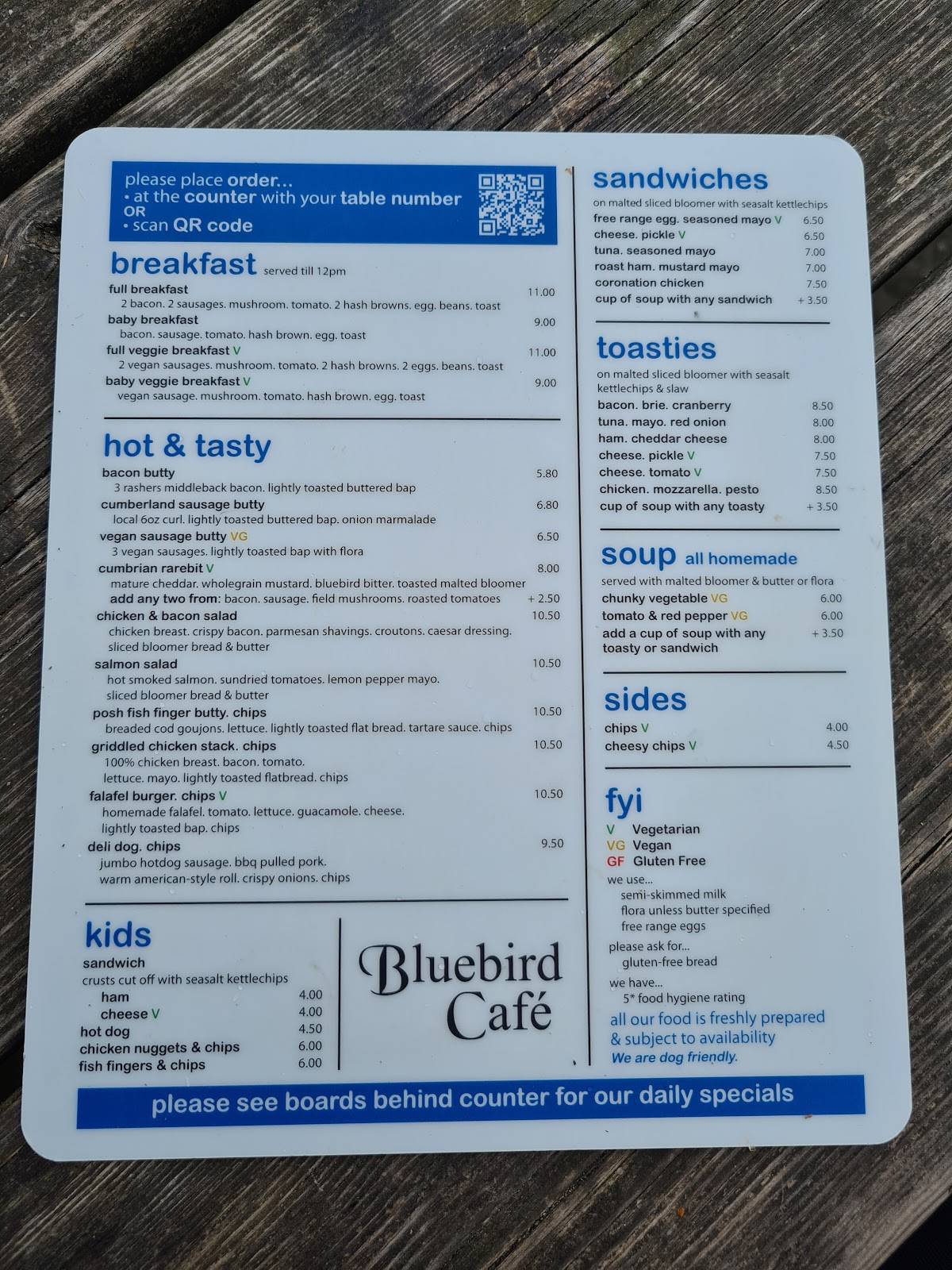 Menu at The Bluebird Cafe, Coniston