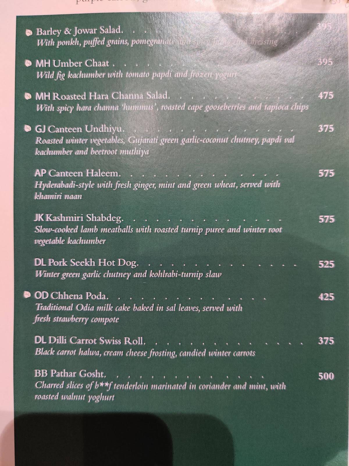 Menu at The Bombay Canteen, Mumbai