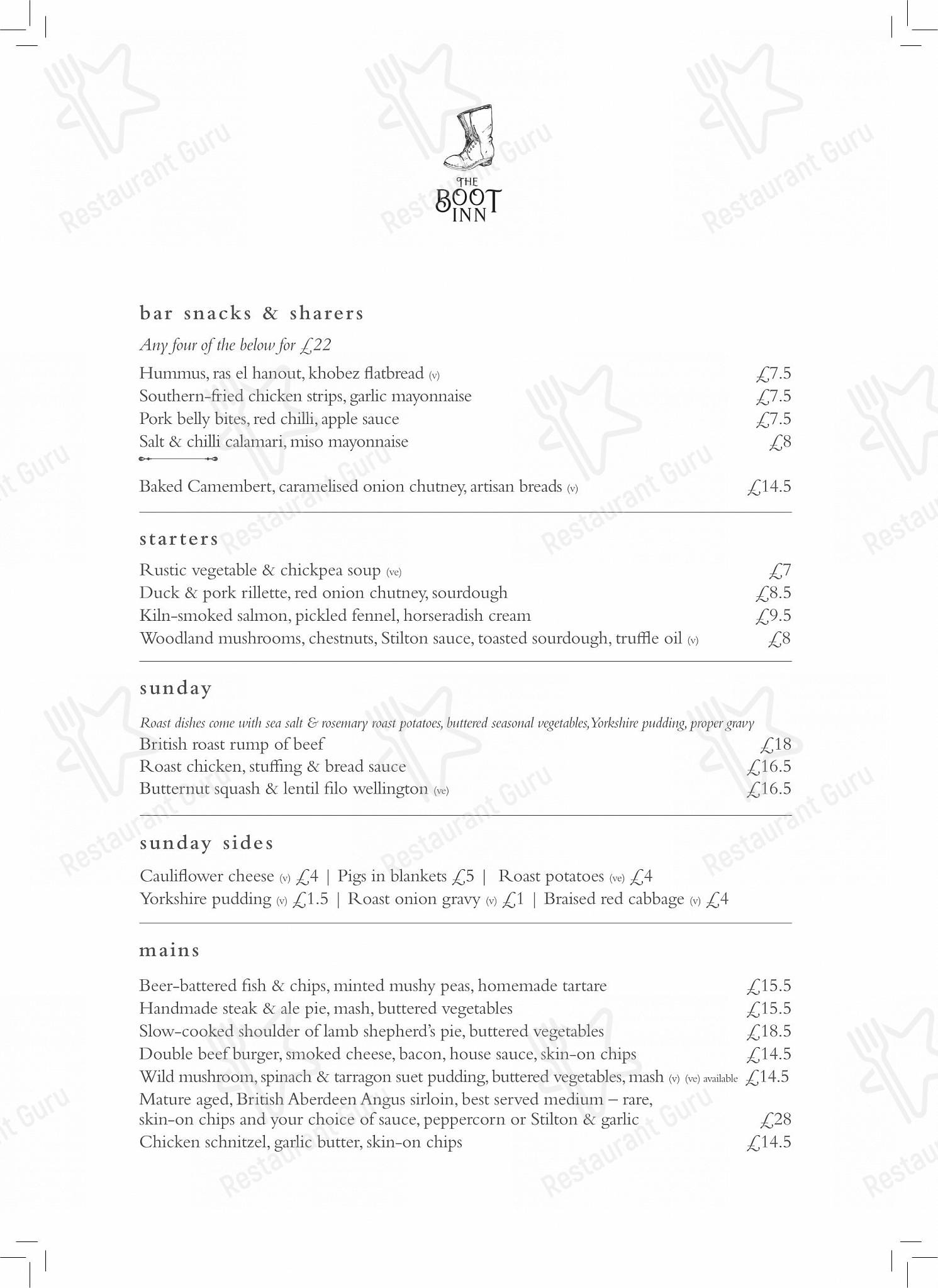 Menu at The Boot Inn restaurant, Leighton Buzzard, 51 High Rd