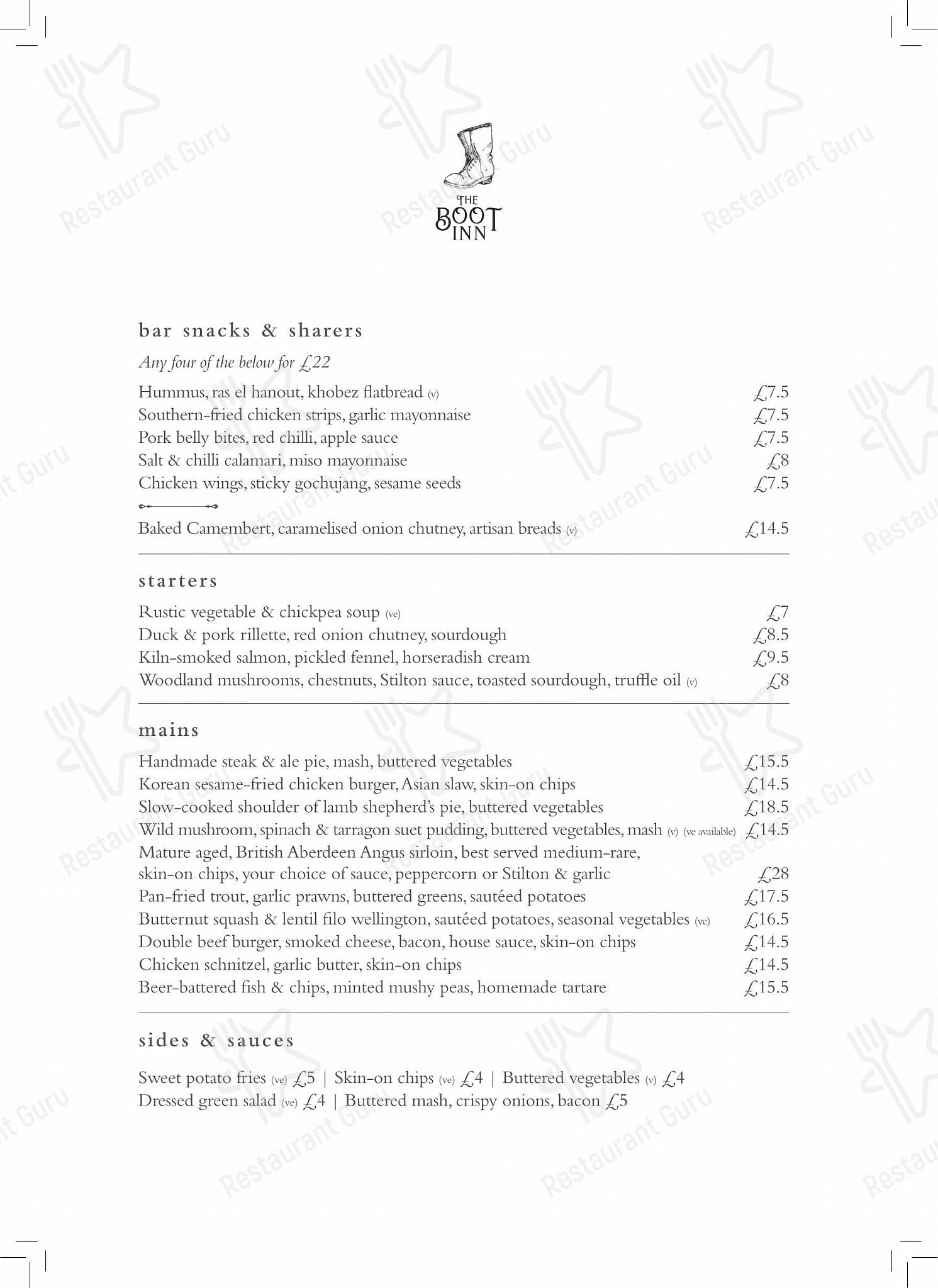 Menu at The Boot Inn restaurant, Leighton Buzzard, 51 High Rd