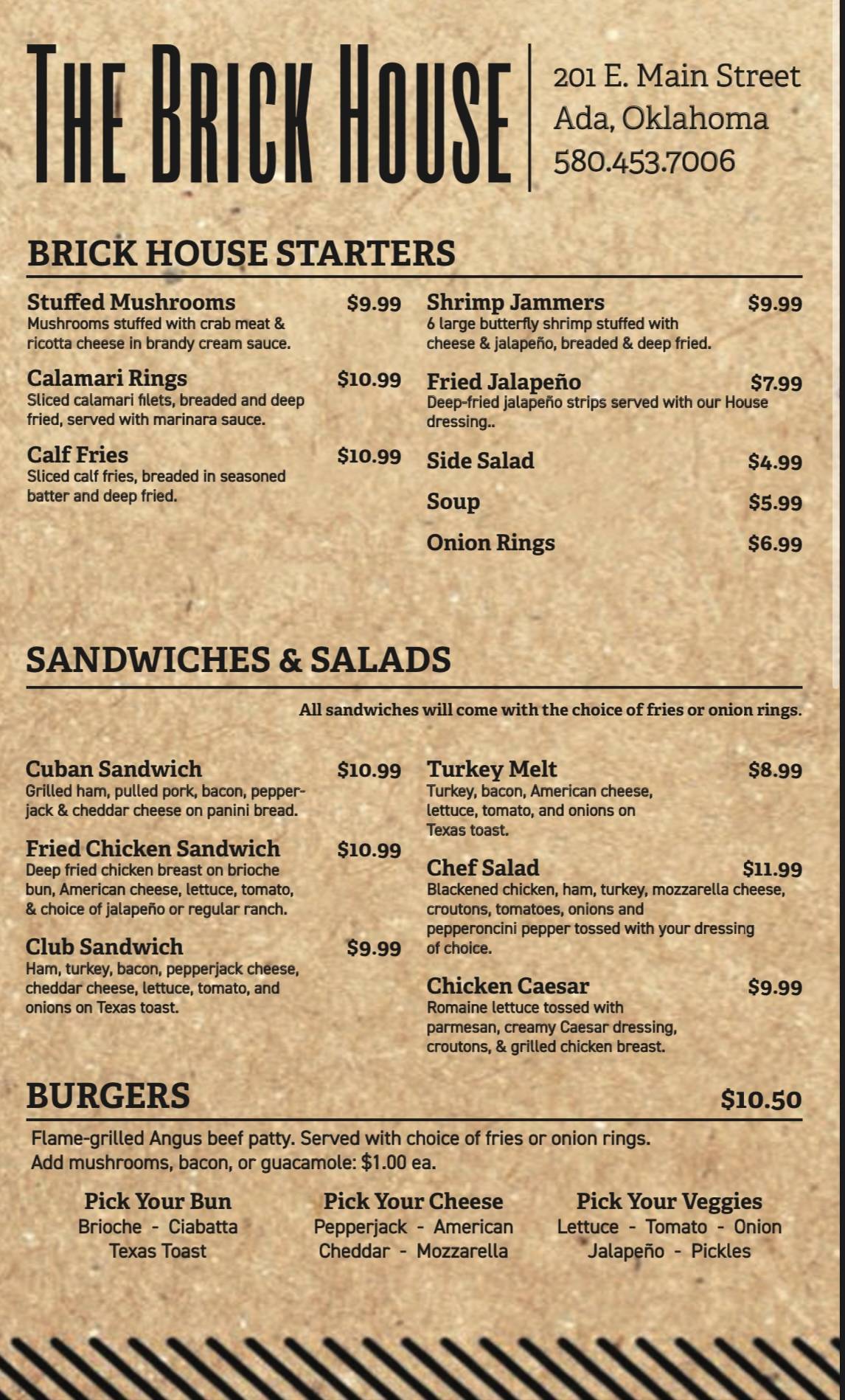 Menu at The Brick House steakhouse, Ada