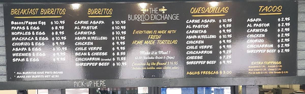 Menu at The Burrito Exchange restaurant, Pico Rivera