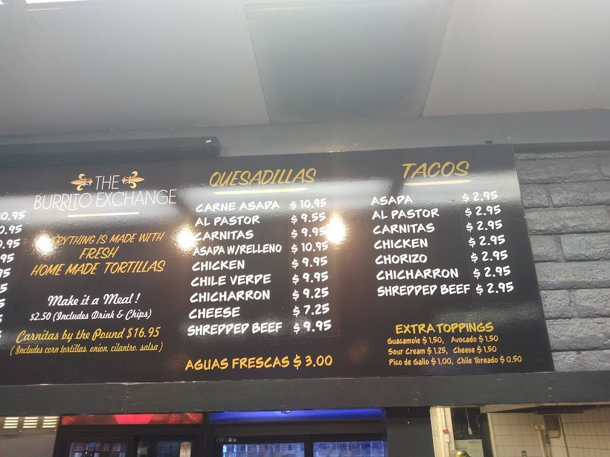 Menu at The Burrito Exchange restaurant, Pico Rivera