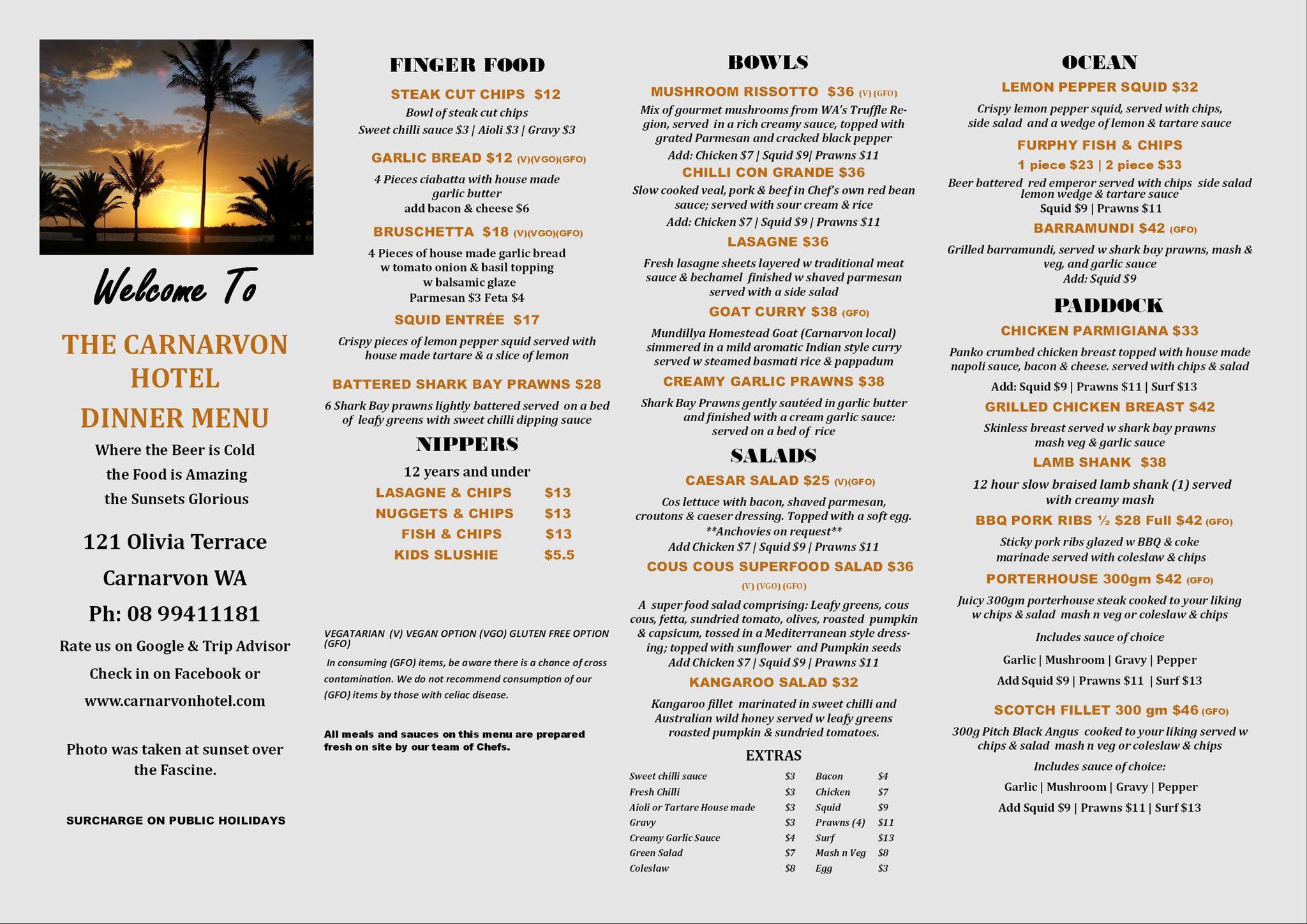 Menu at The Carnarvon Hotel pub & bar, Carnarvon
