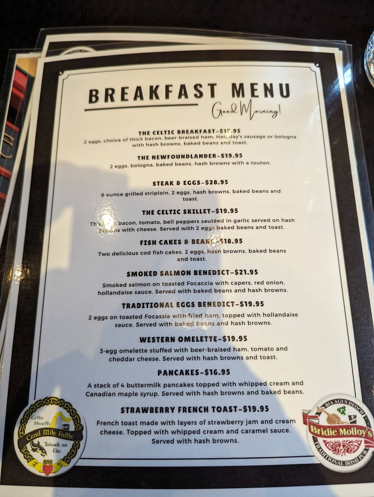 Menu at The Celtic Hearth restaurant, St. John's