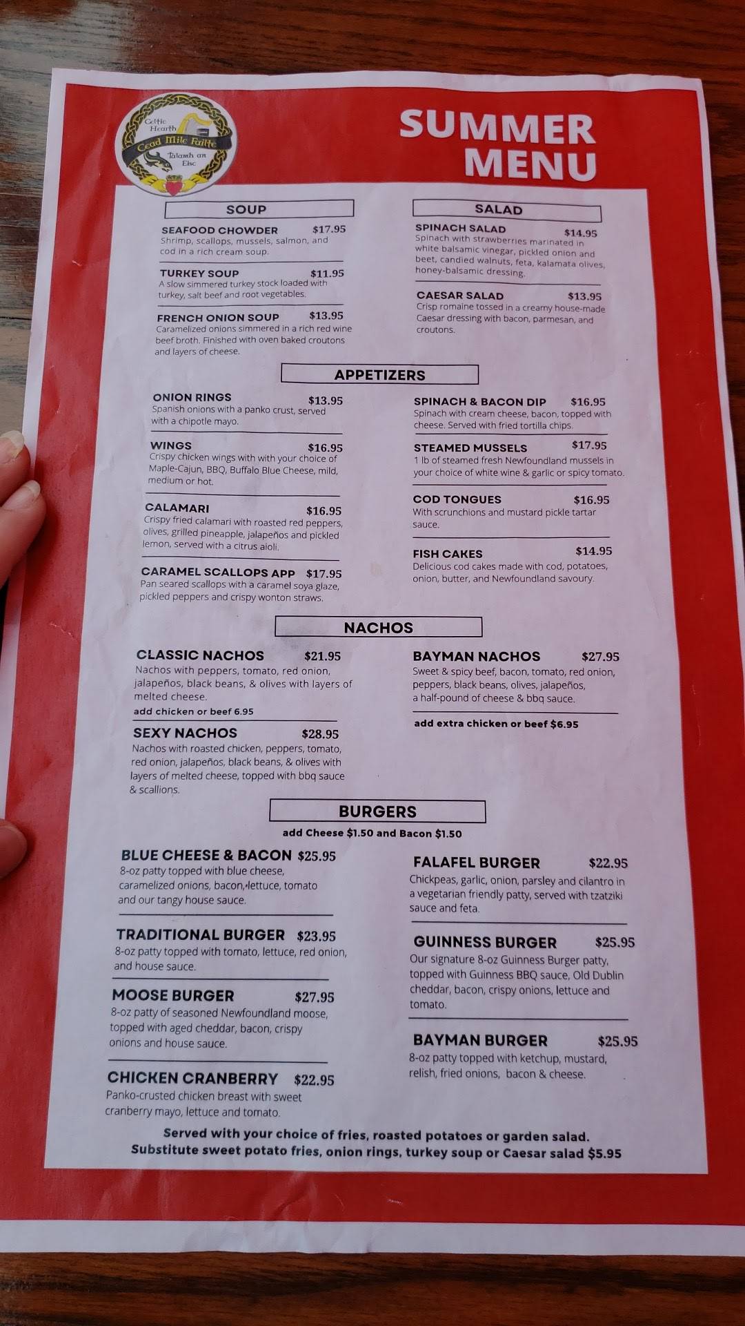 Menu at The Celtic Hearth restaurant, St. John's