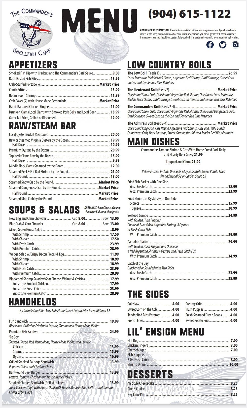 Menu at The Commander's Shellfish Camp pub & bar, Crescent Beach