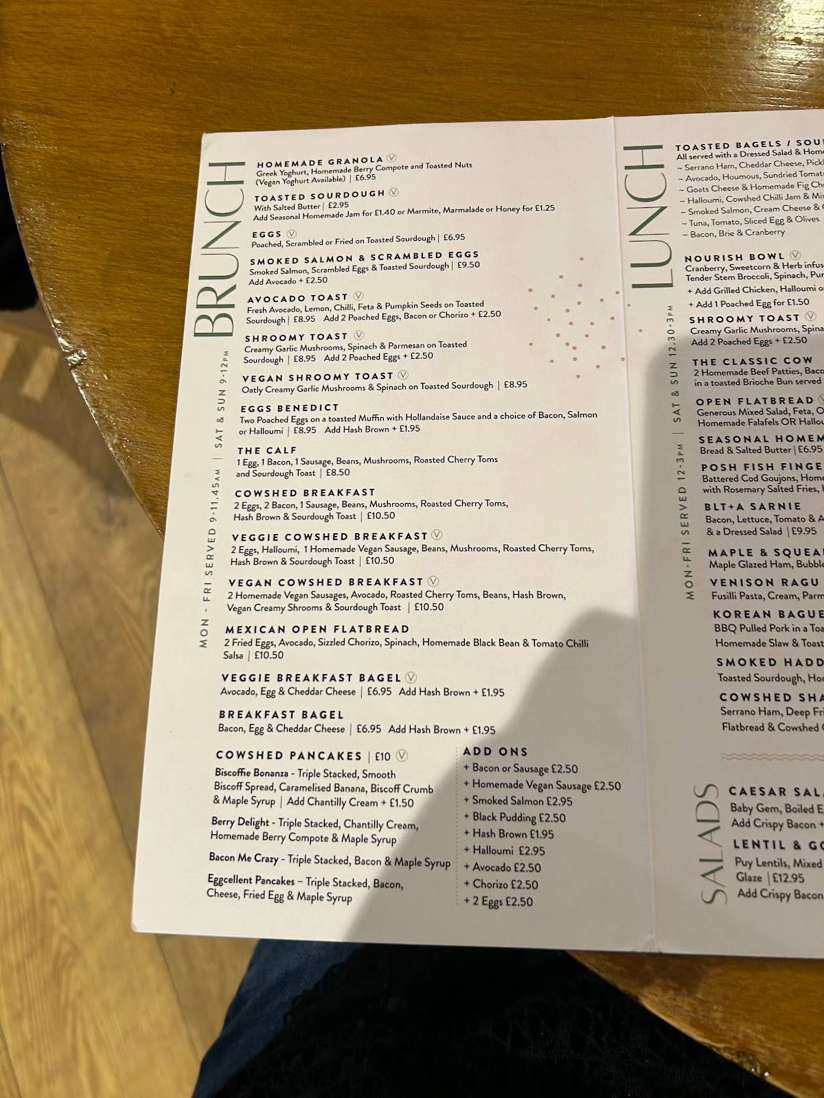 Menu at The Cowshed Dorset cafe, Poole
