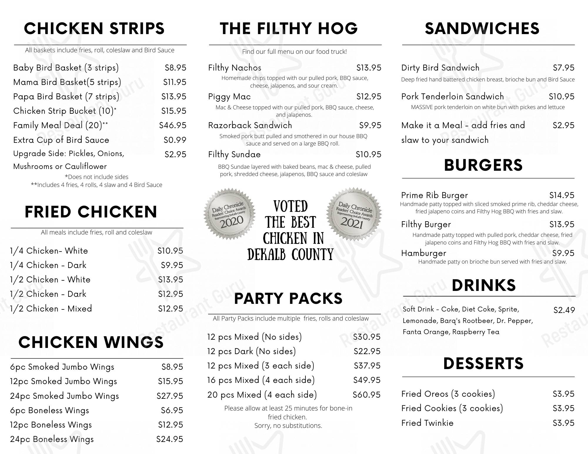 Menu at The Dirty Bird restaurant, Sycamore