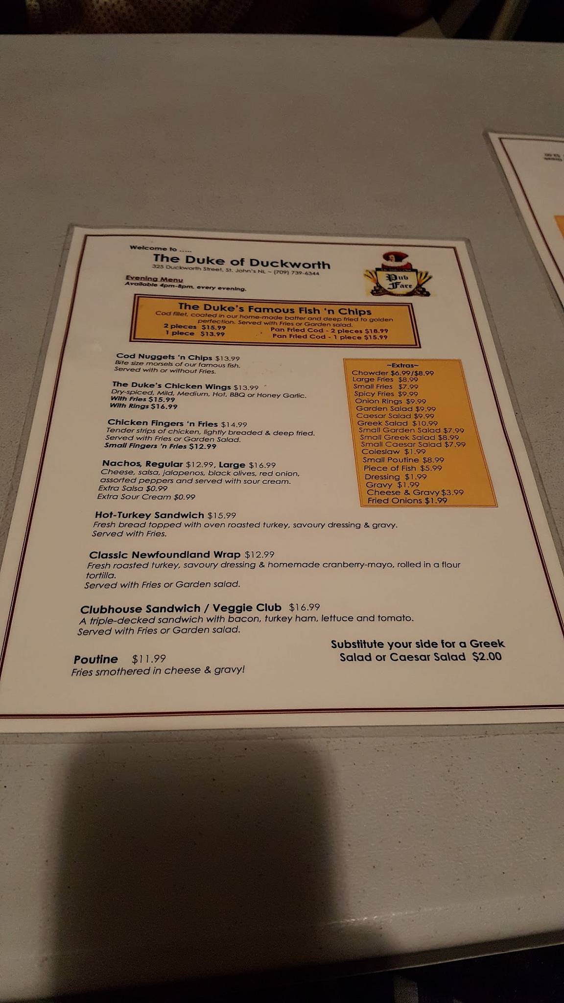 Menu at The Duke Of Duckworth pub & bar, St. John's