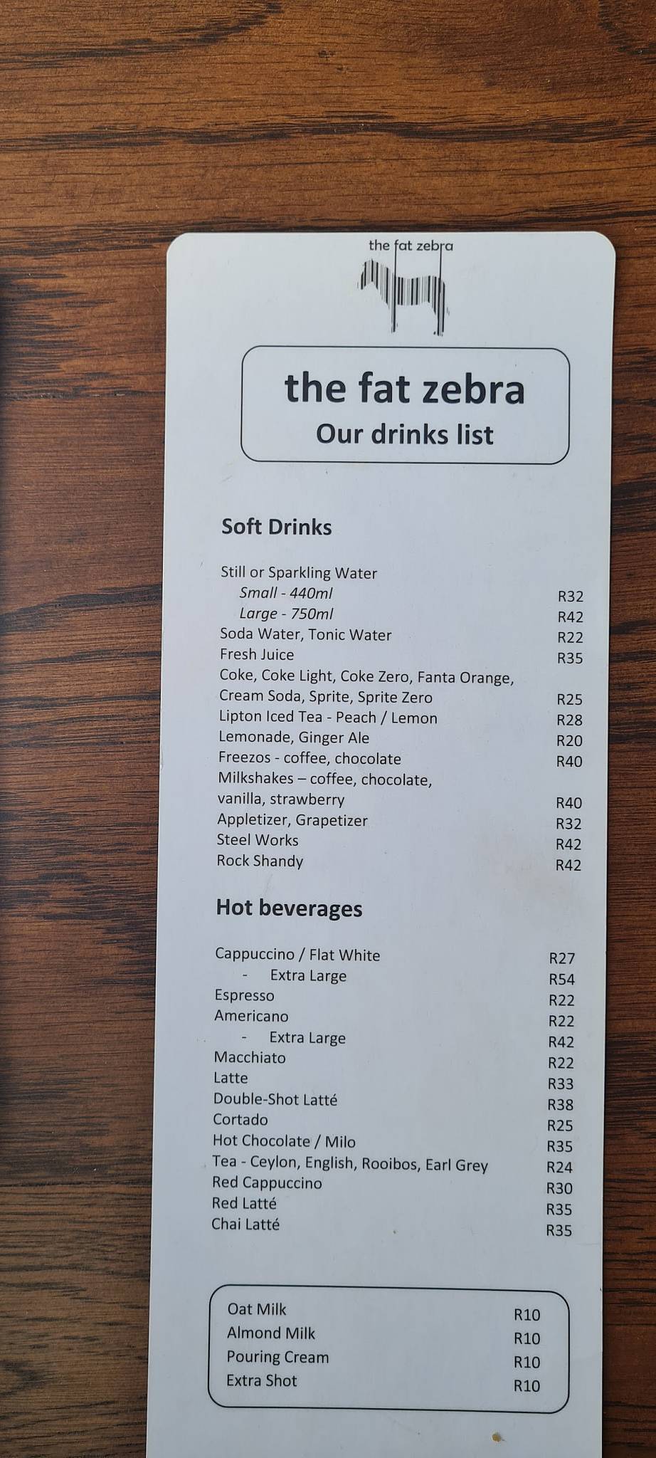Menu at The Fat Zebra Linden cafe, Randburg, 71 7th St