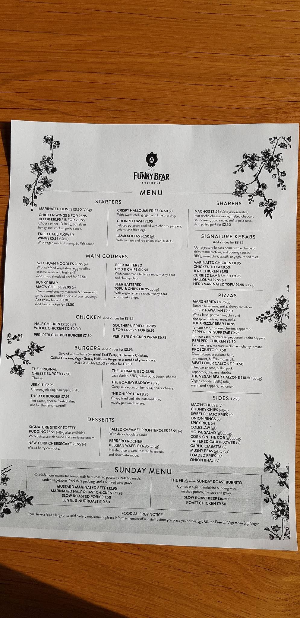 Menu at The Funky Bear pub & bar, Solihull