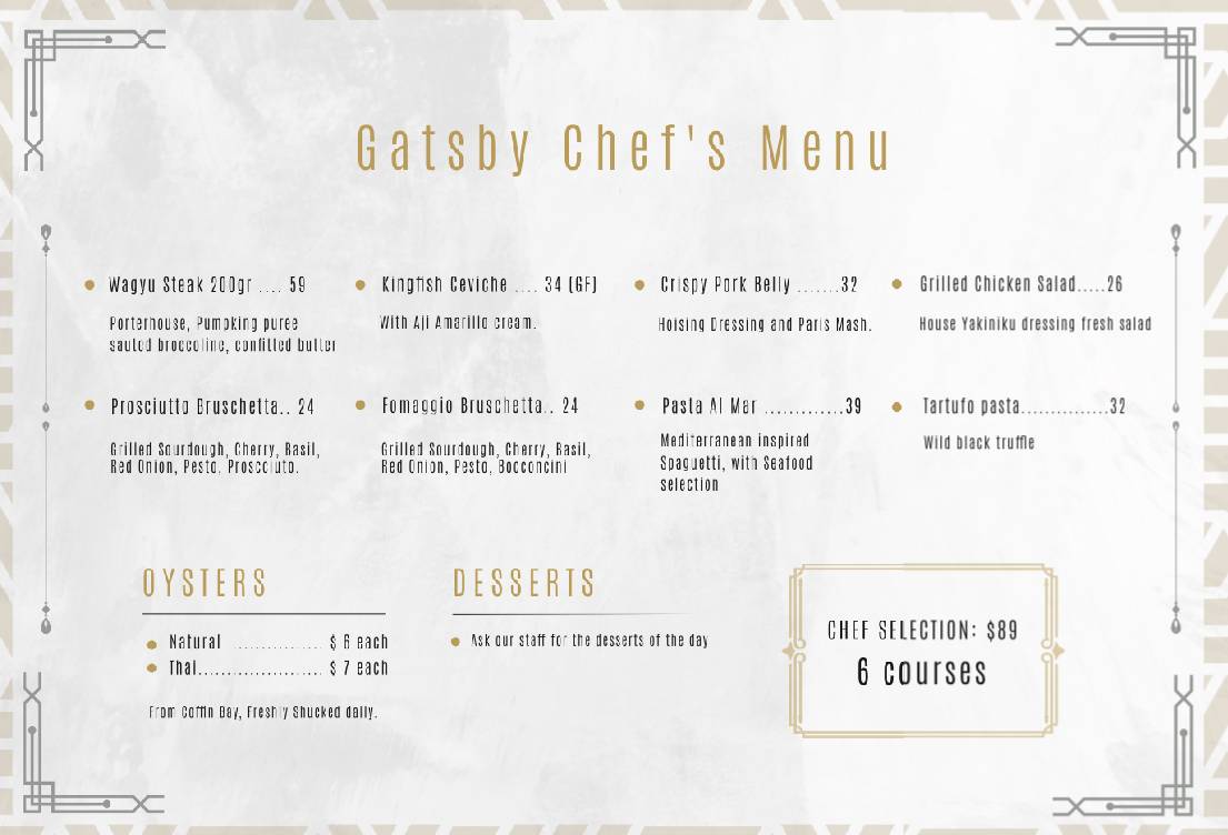 Menu at The Gatsby Lounge pub & bar, Adelaide