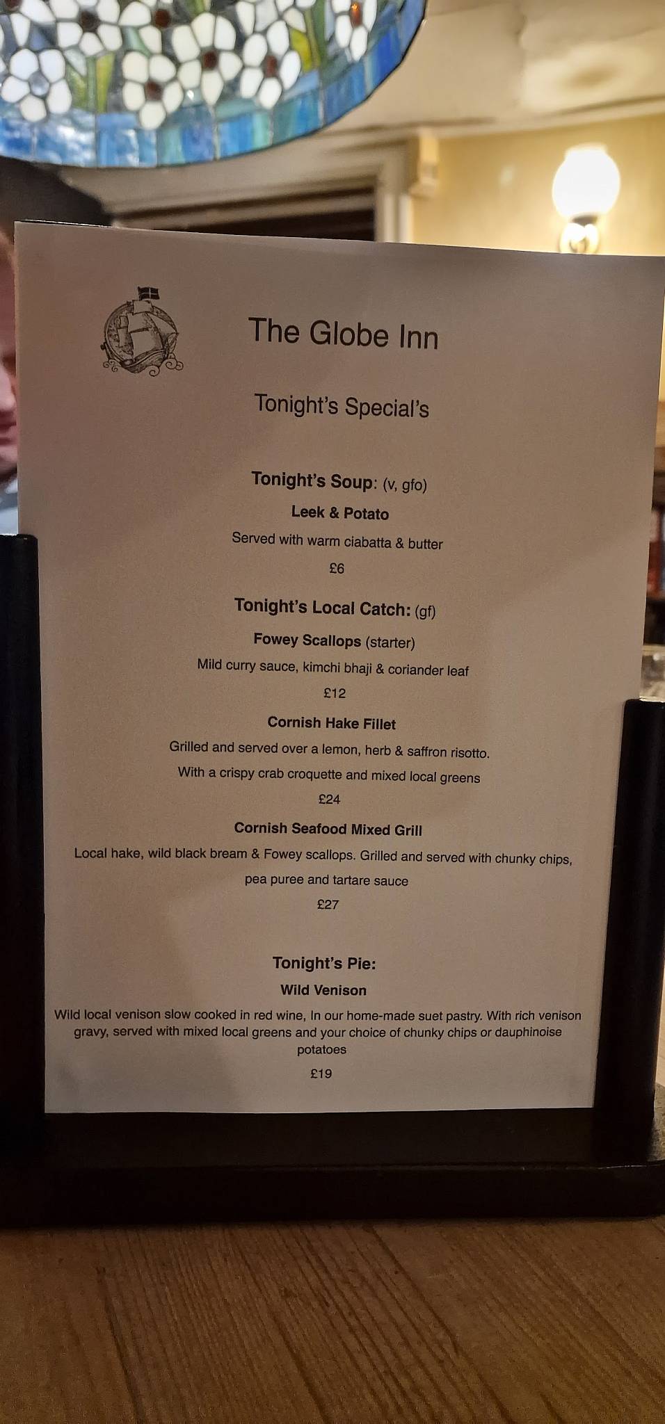 Menu at The Globe Inn pub & bar, Lostwithiel