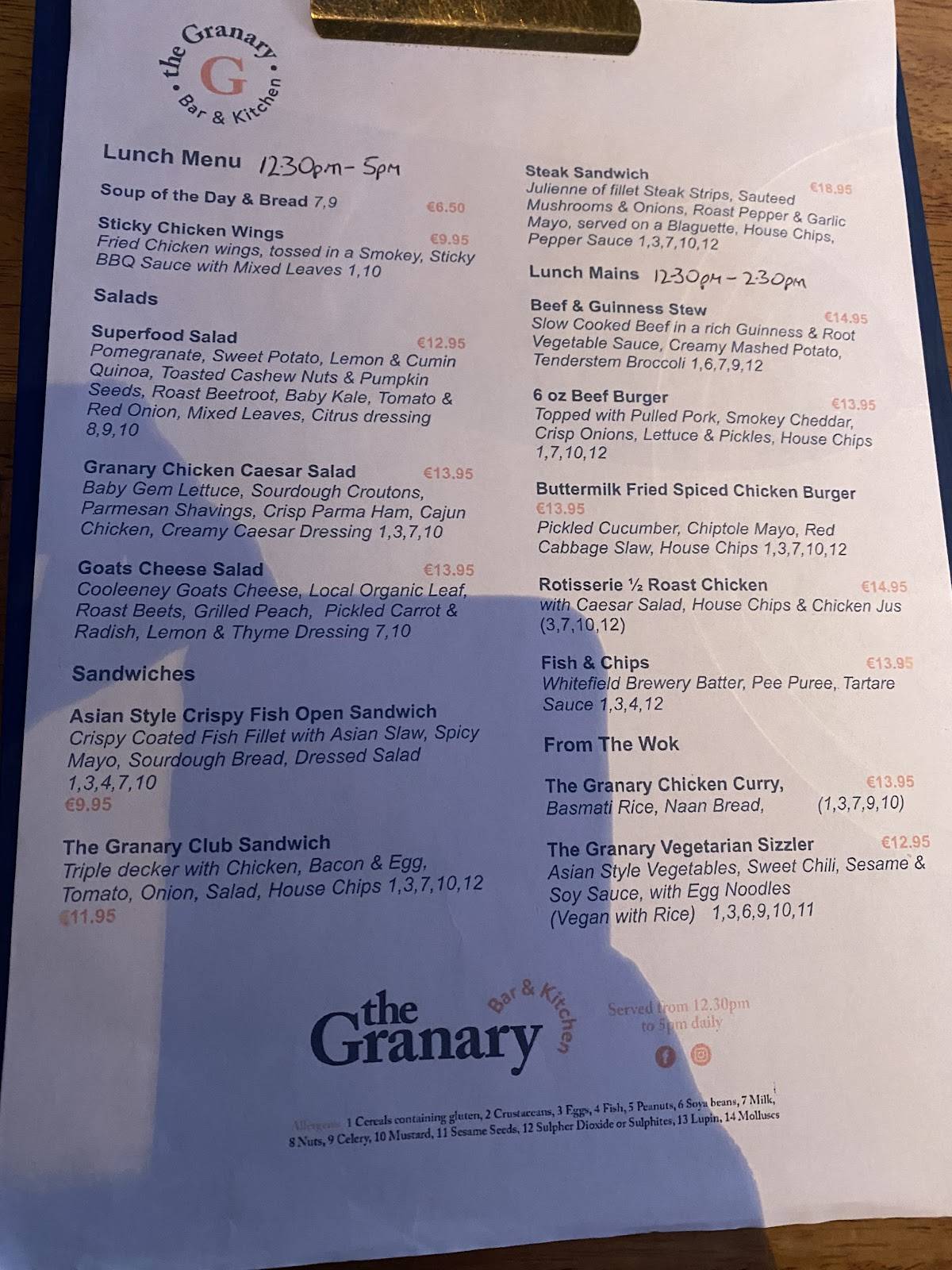 Menu at The Granary Bar & Kitchen, Thurles
