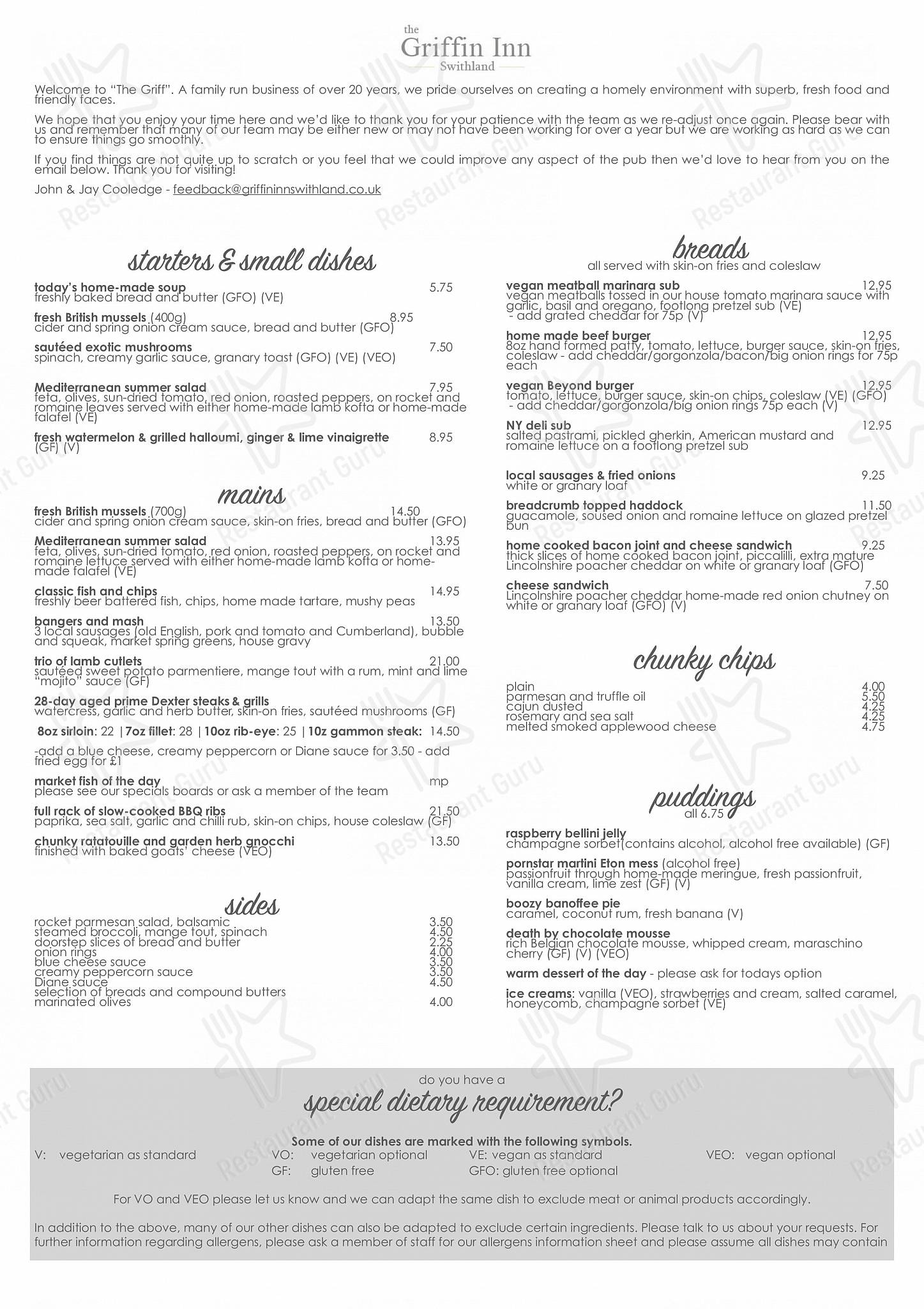 Menu at The Griffin Inn - Swithland pub & bar, Swithland, 174 Main St