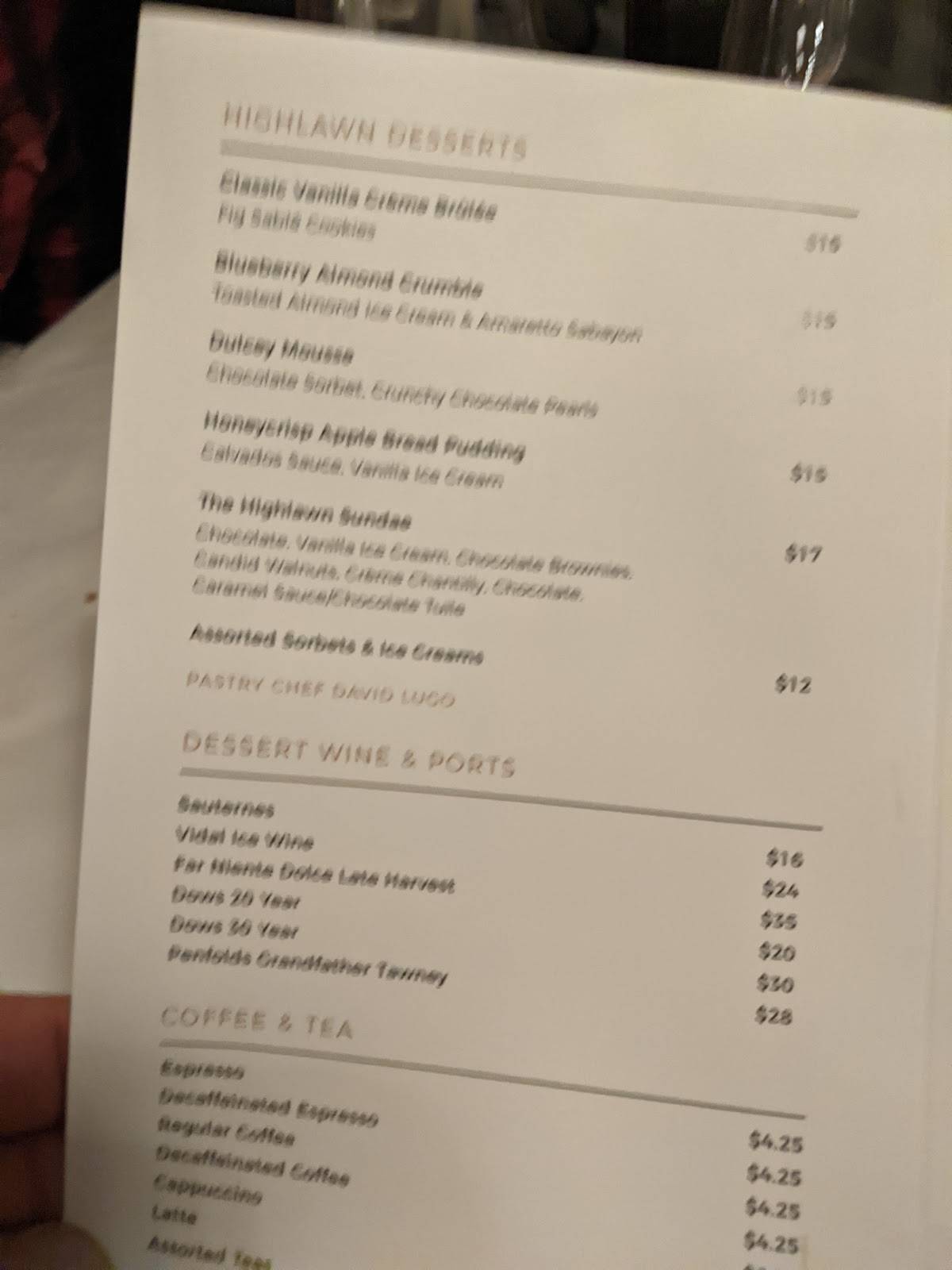 Menu at The Highlawn restaurant, West Orange