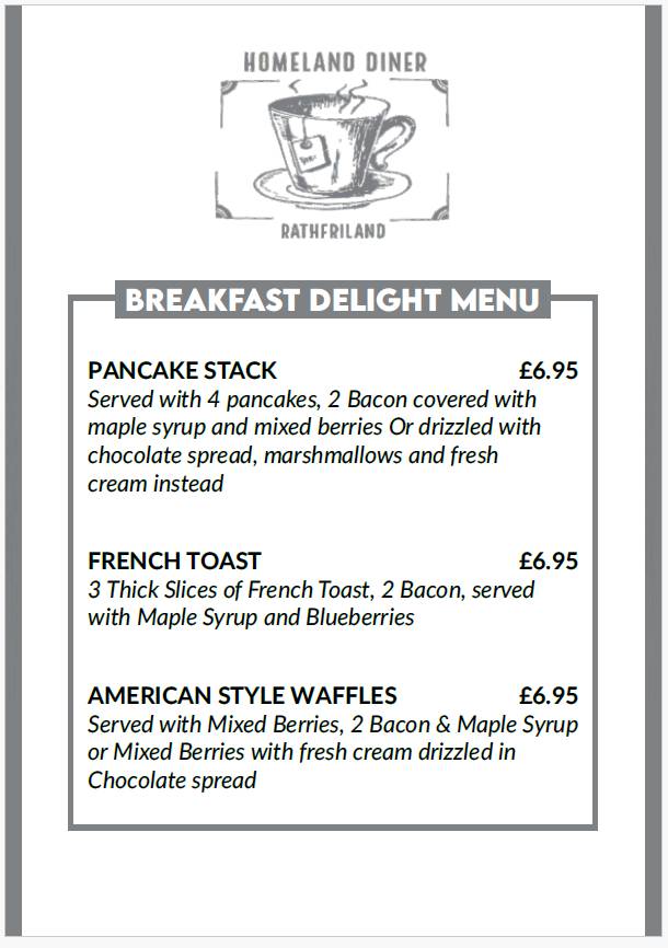 Menu at The Homeland Diner Cafe, Rathfriland
