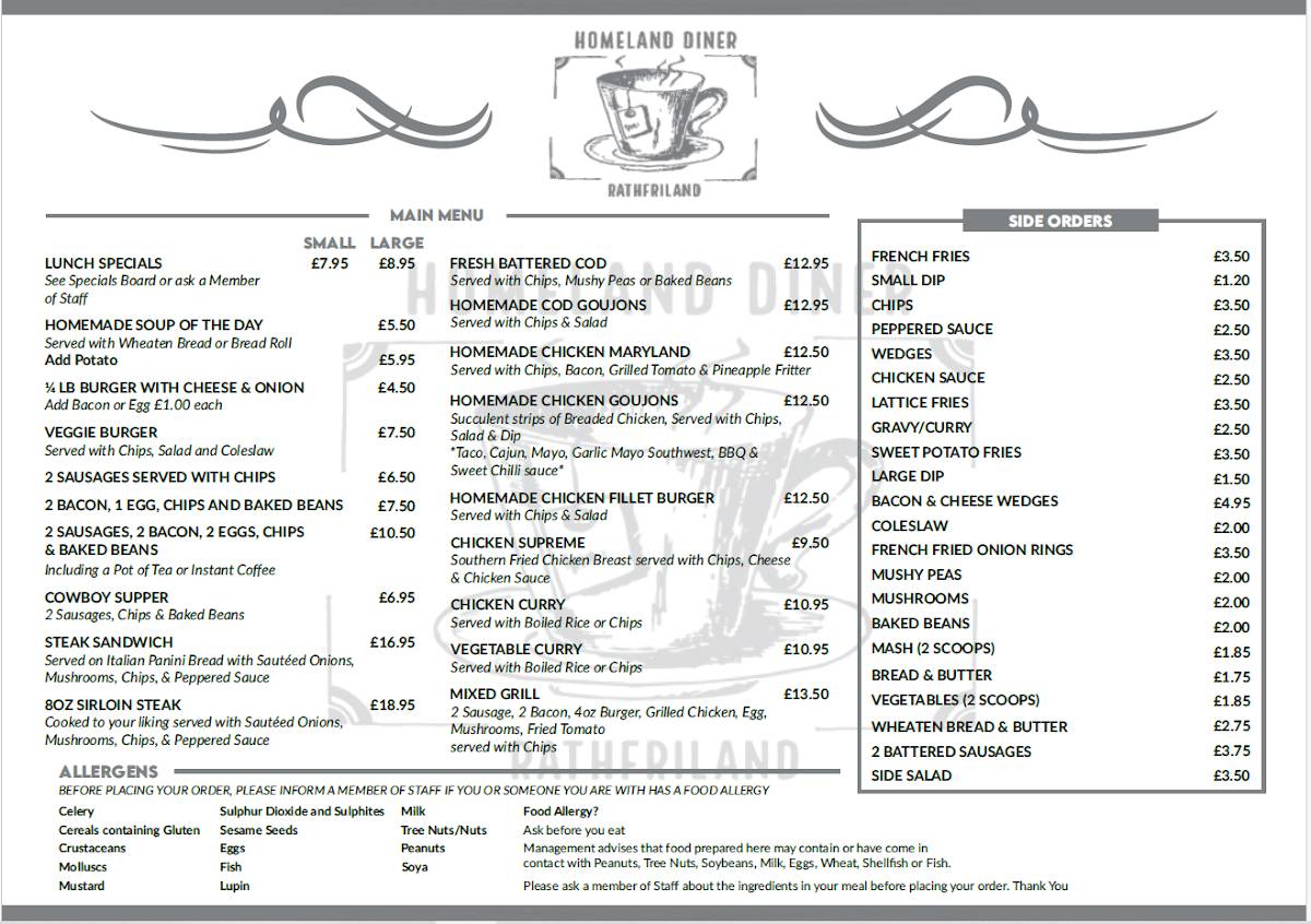 Menu at The Homeland Diner Cafe, Rathfriland