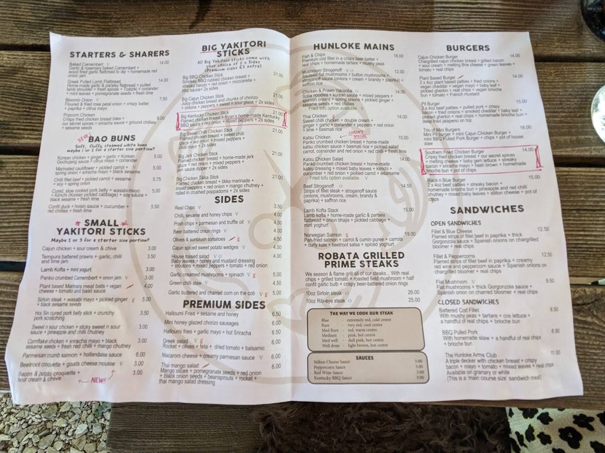Menu at The Hunloke Arms restaurant, Chesterfield, Derby Rd