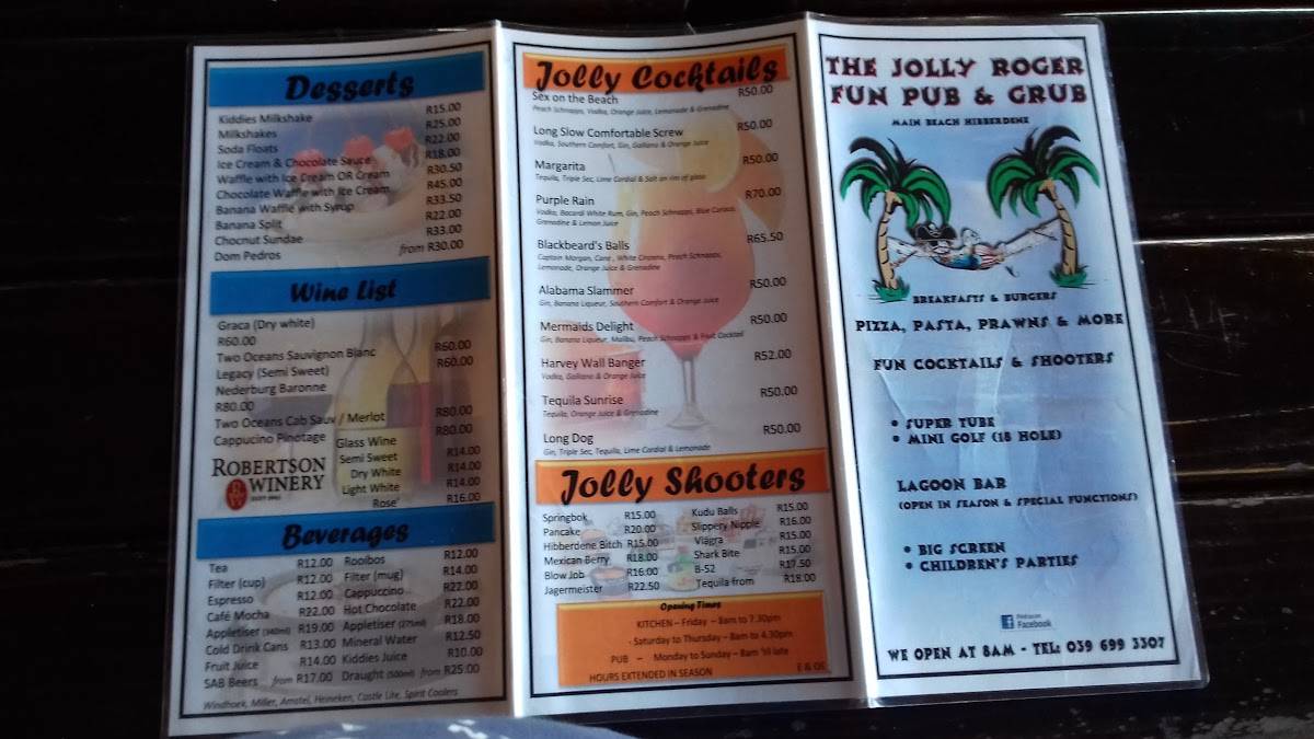 Menu at The Jolly Roger Fun Pub & Grub, Hibberdene