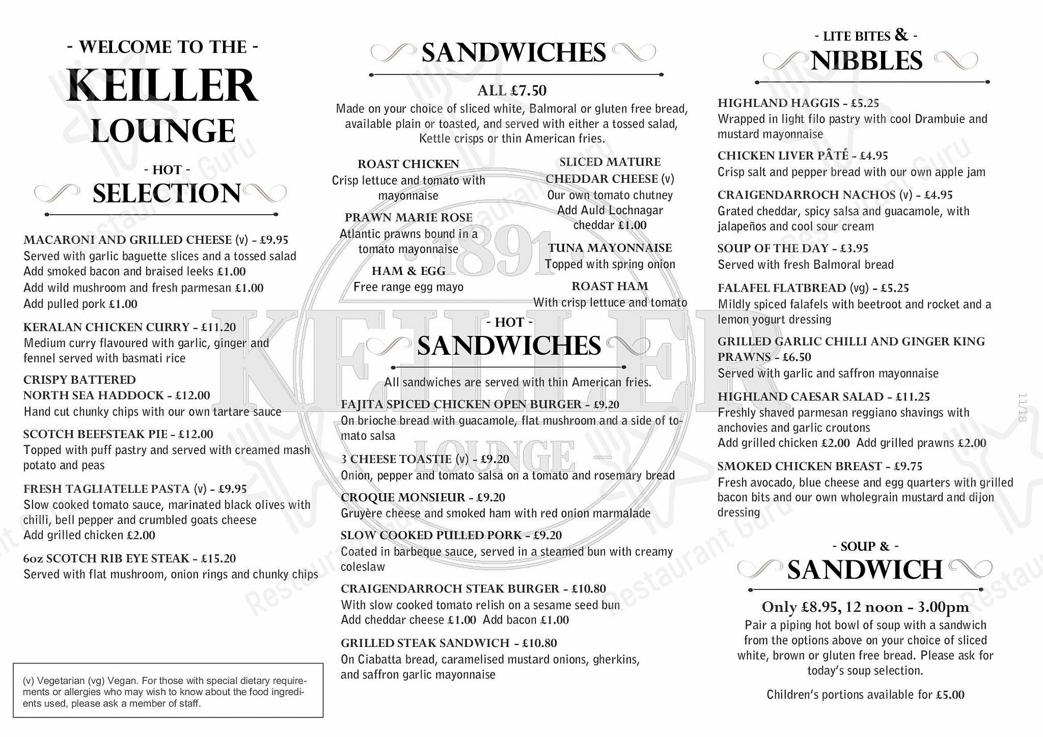 Menu at Keiller Lounge restaurant, Ballater