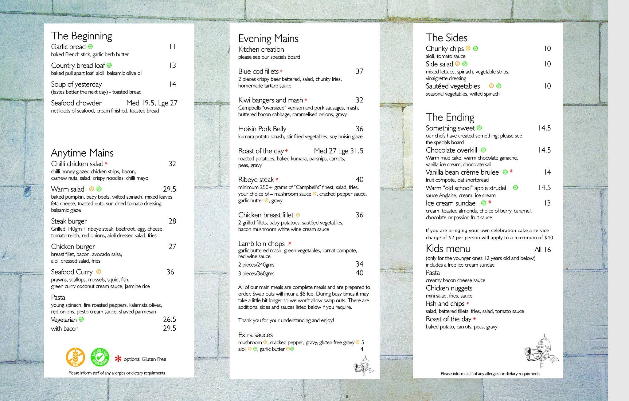 Menu at The Last Post, Restaurant, Bar & Catering Service, Oamaru