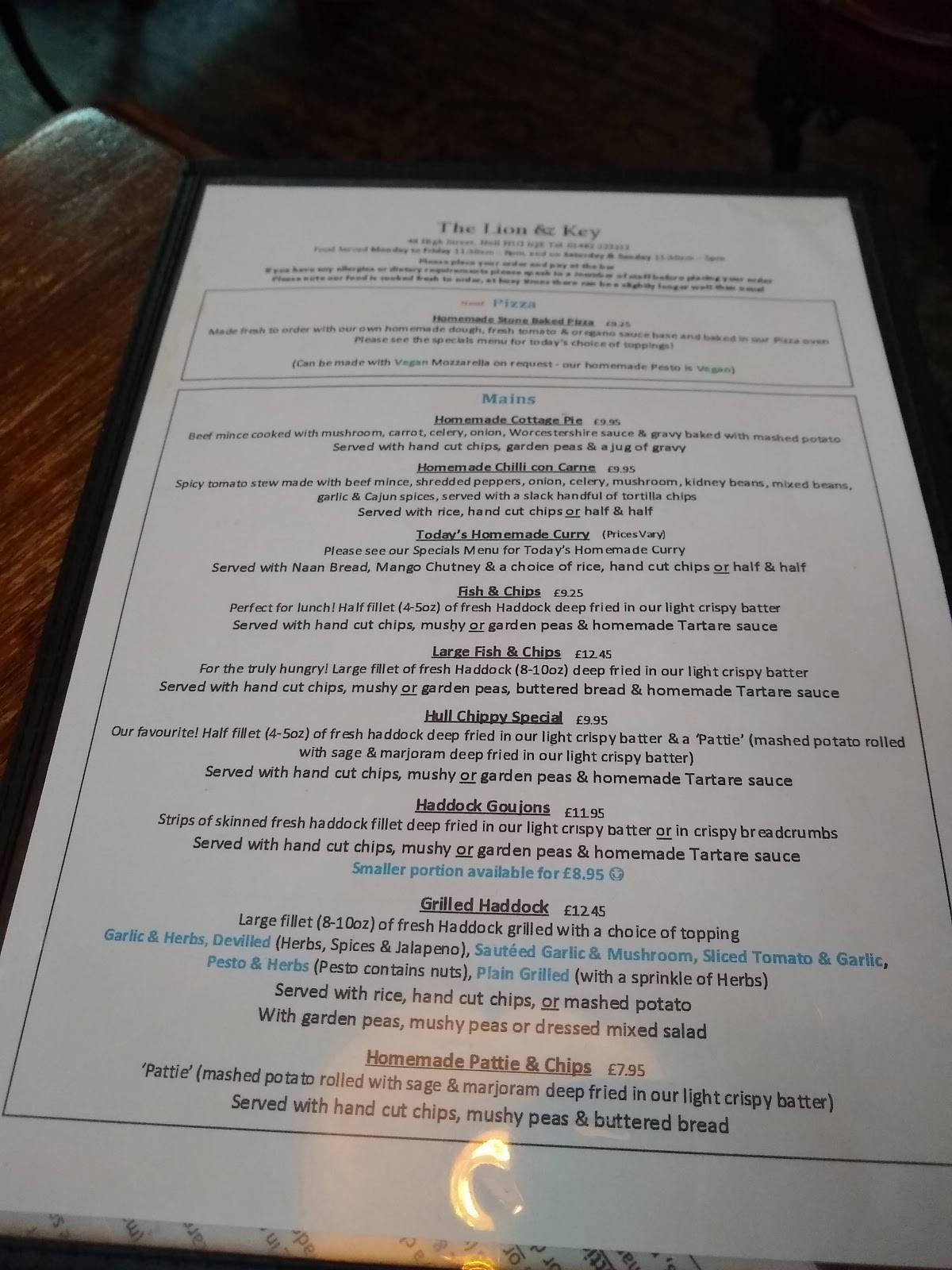 Menu at The Lion & Key pub & bar, Hull