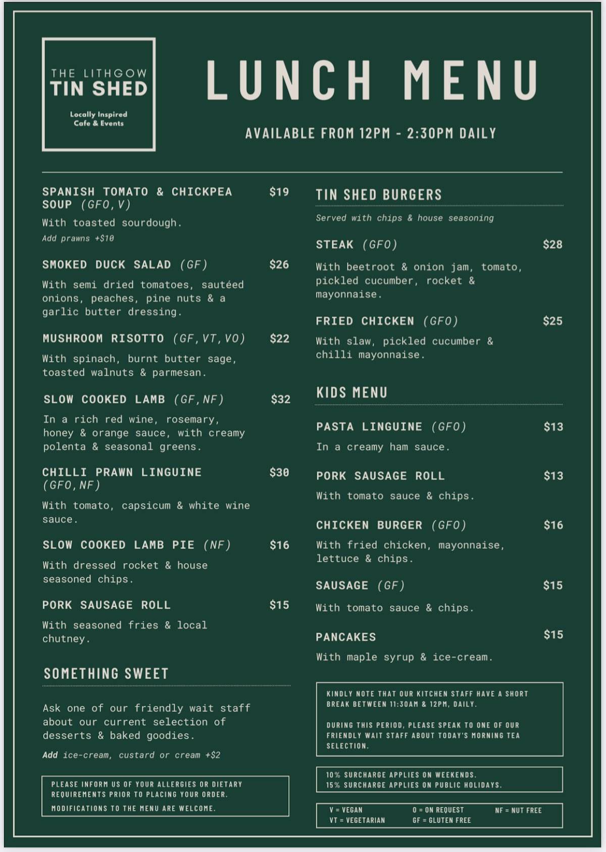 Menu at The Lithgow Tin Shed cafe, Lithgow, 69 Bridge St