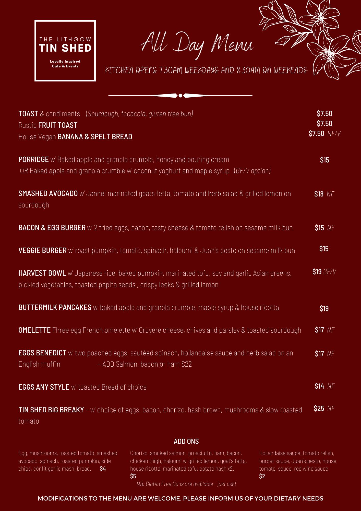 Menu at The Lithgow Tin Shed cafe, Lithgow, 69 Bridge St