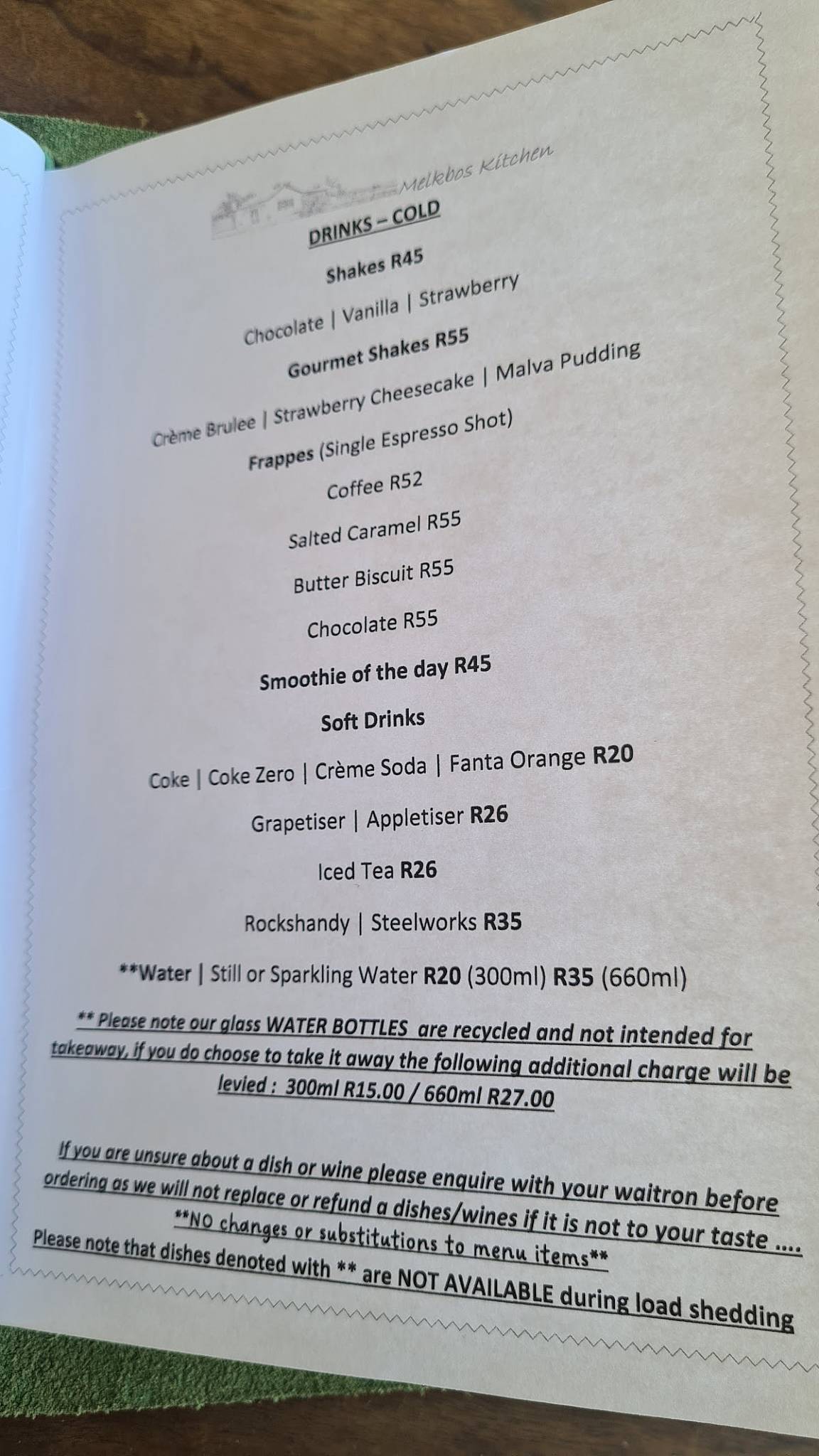 Menu at The Melkbos Kitchen restaurant, Cape Town