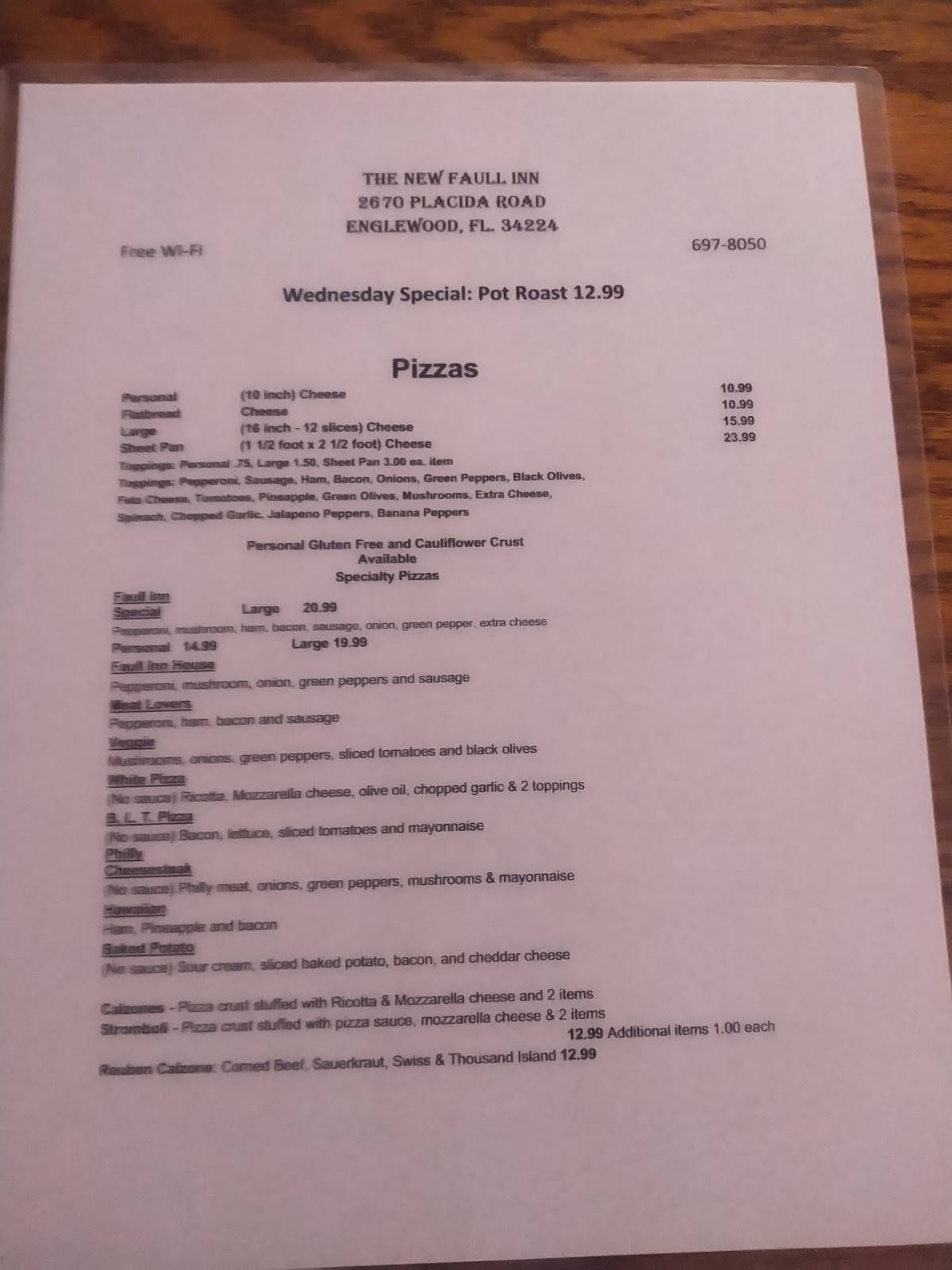 Menu at The New Faull Inn pizzeria, Englewood